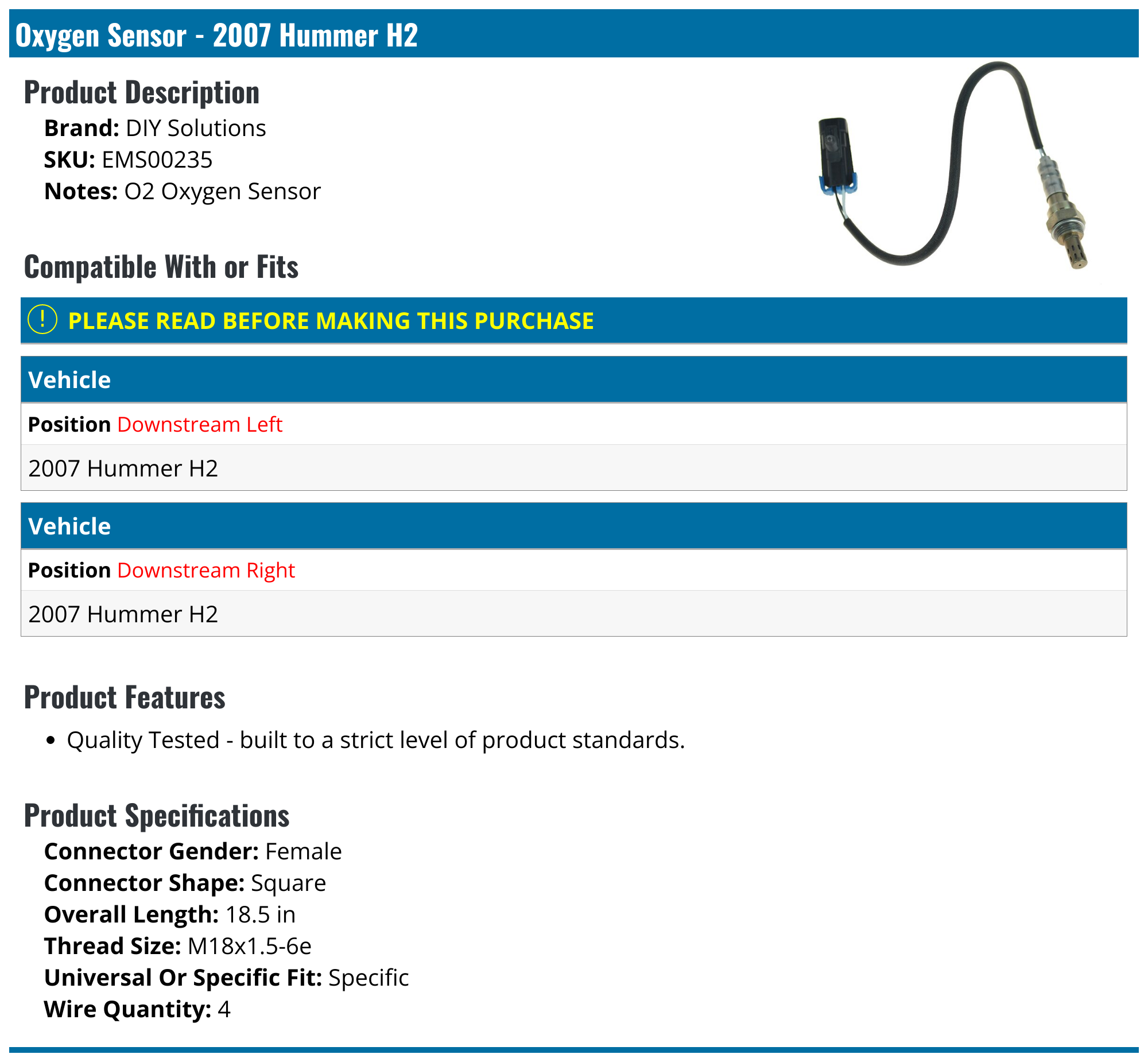 2007 Hummer H2 Oxygen Sensor - DIY Solutions EMS00235 - Downstream Left ...