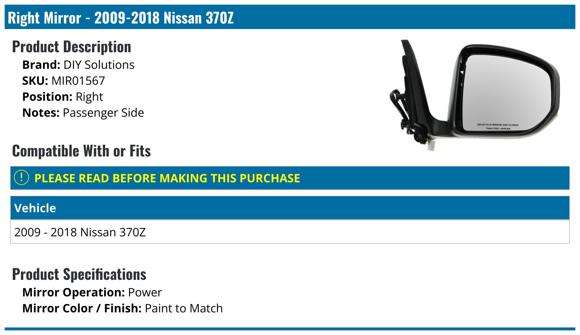 2009-2018 Nissan 370Z Mirror - DIY Solutions MIR01567 - Right ...
