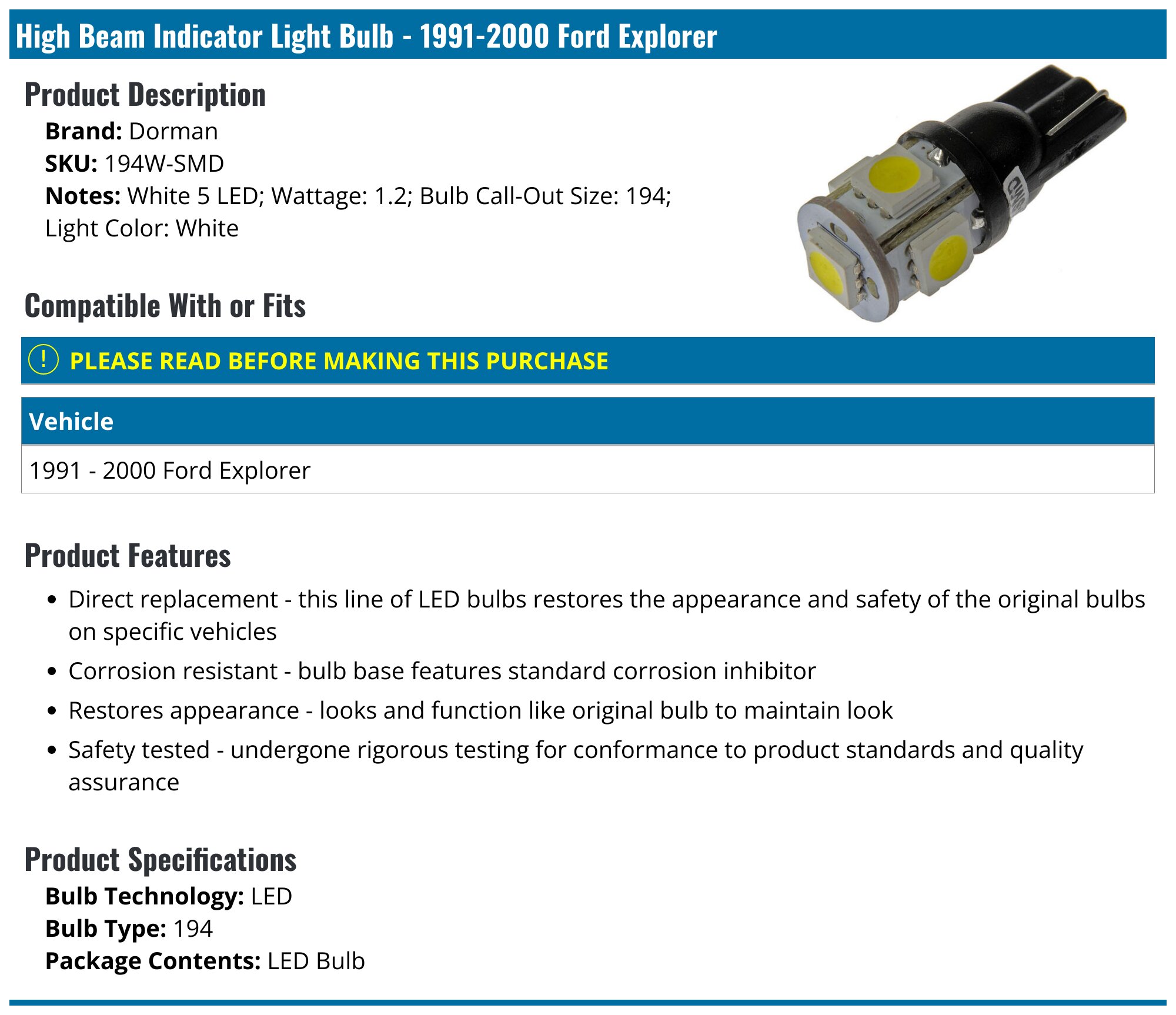 1991-2000 Ford Explorer High Beam Indicator Light Bulb - Dorman 194W ...
