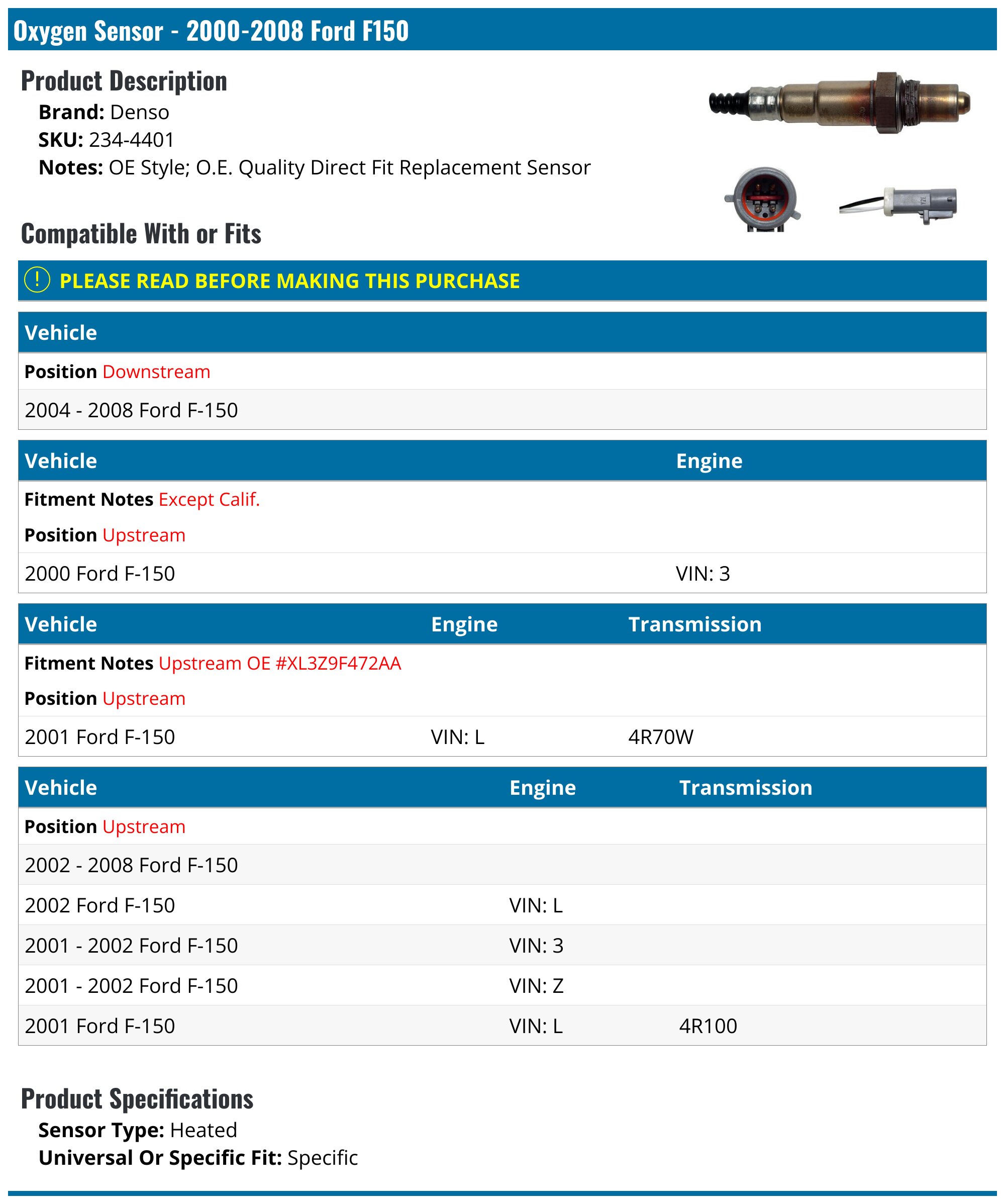2000-2008 Ford F150 Oxygen Sensor - Denso 234-4401 - Upstream ...