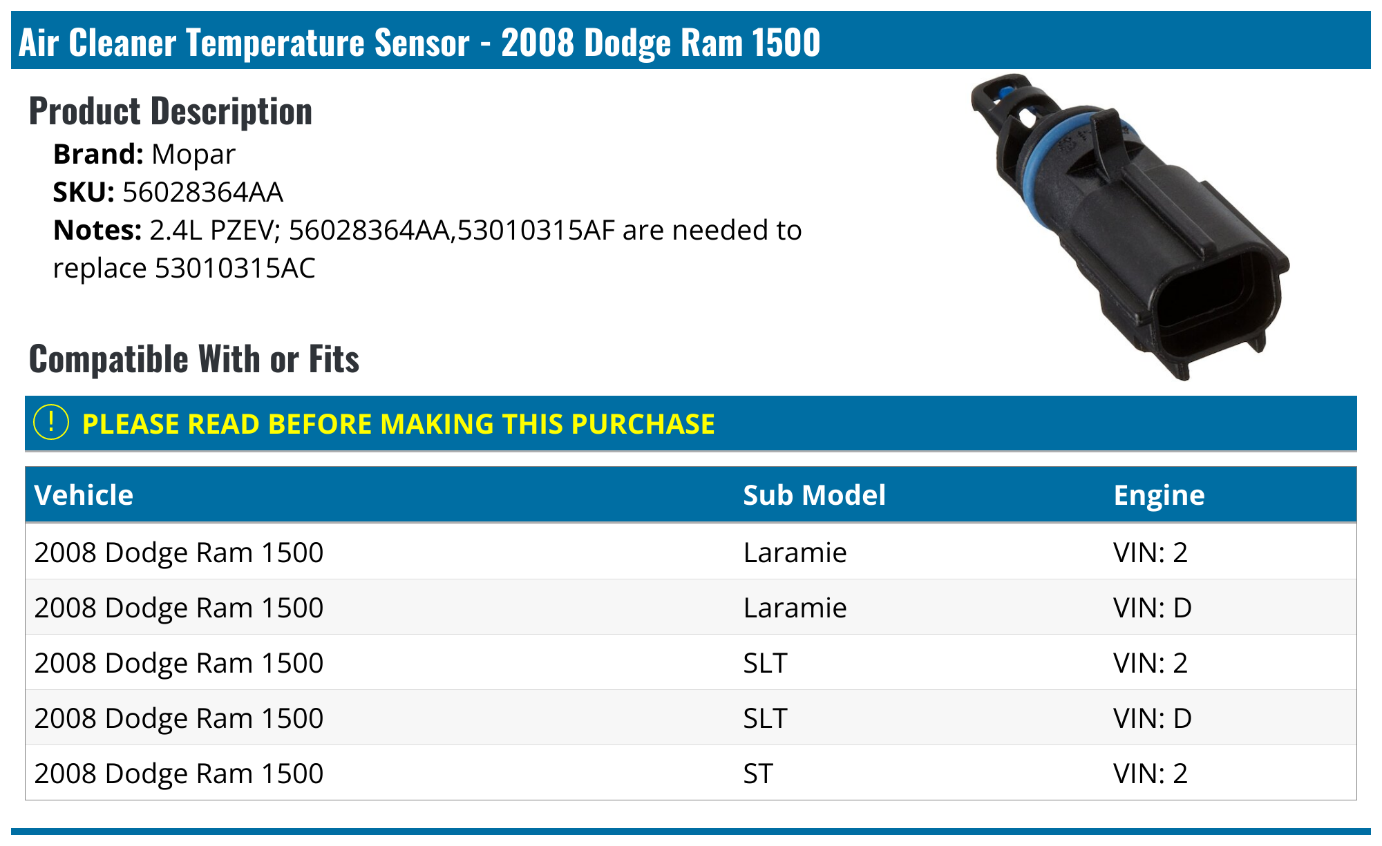 2008 Dodge Ram 1500 Air Cleaner Temperature Sensor - Mopar 56028364AA ...