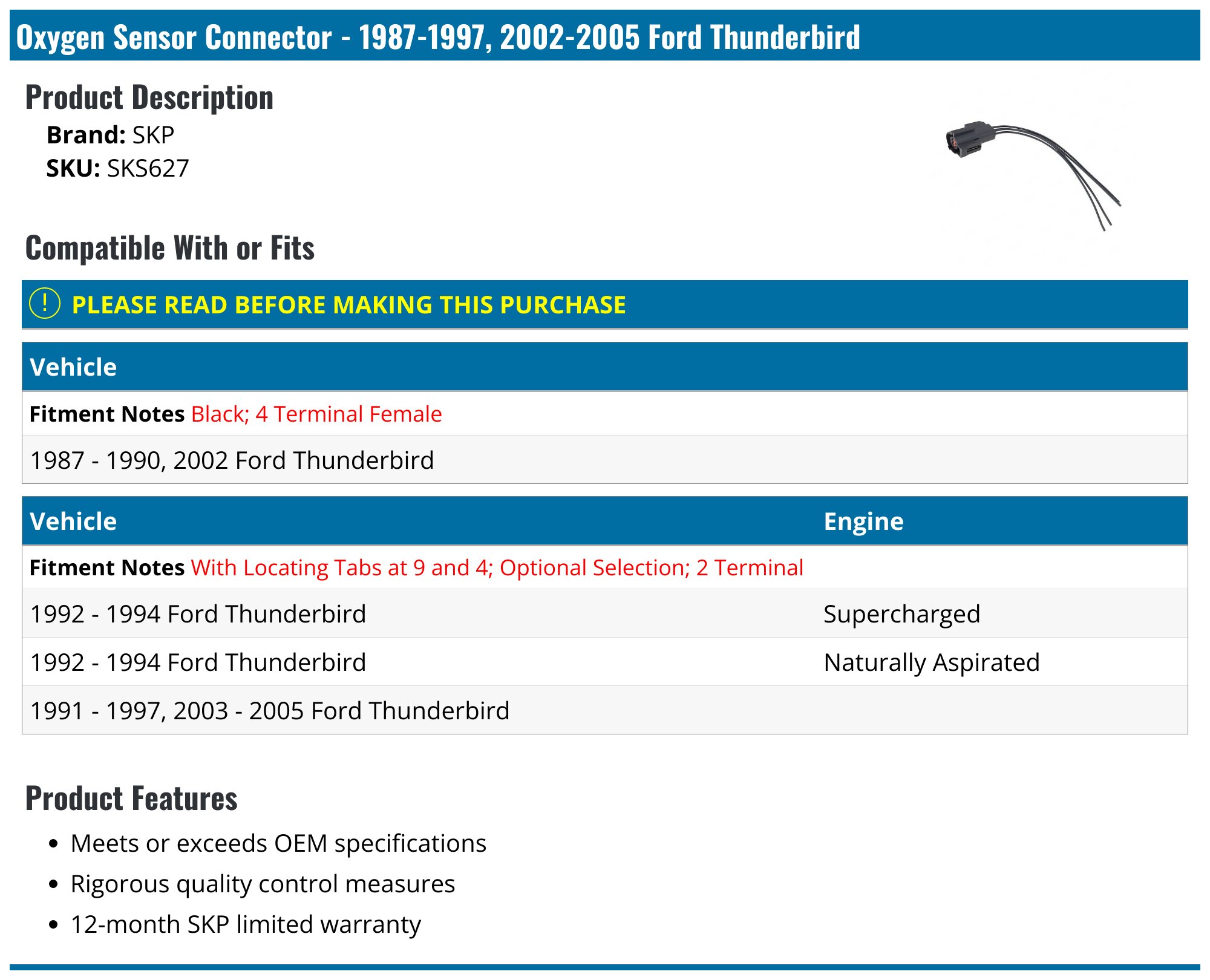 1987-1997, 2002-2005 Ford Thunderbird Oxygen Sensor Connector - SKP ...