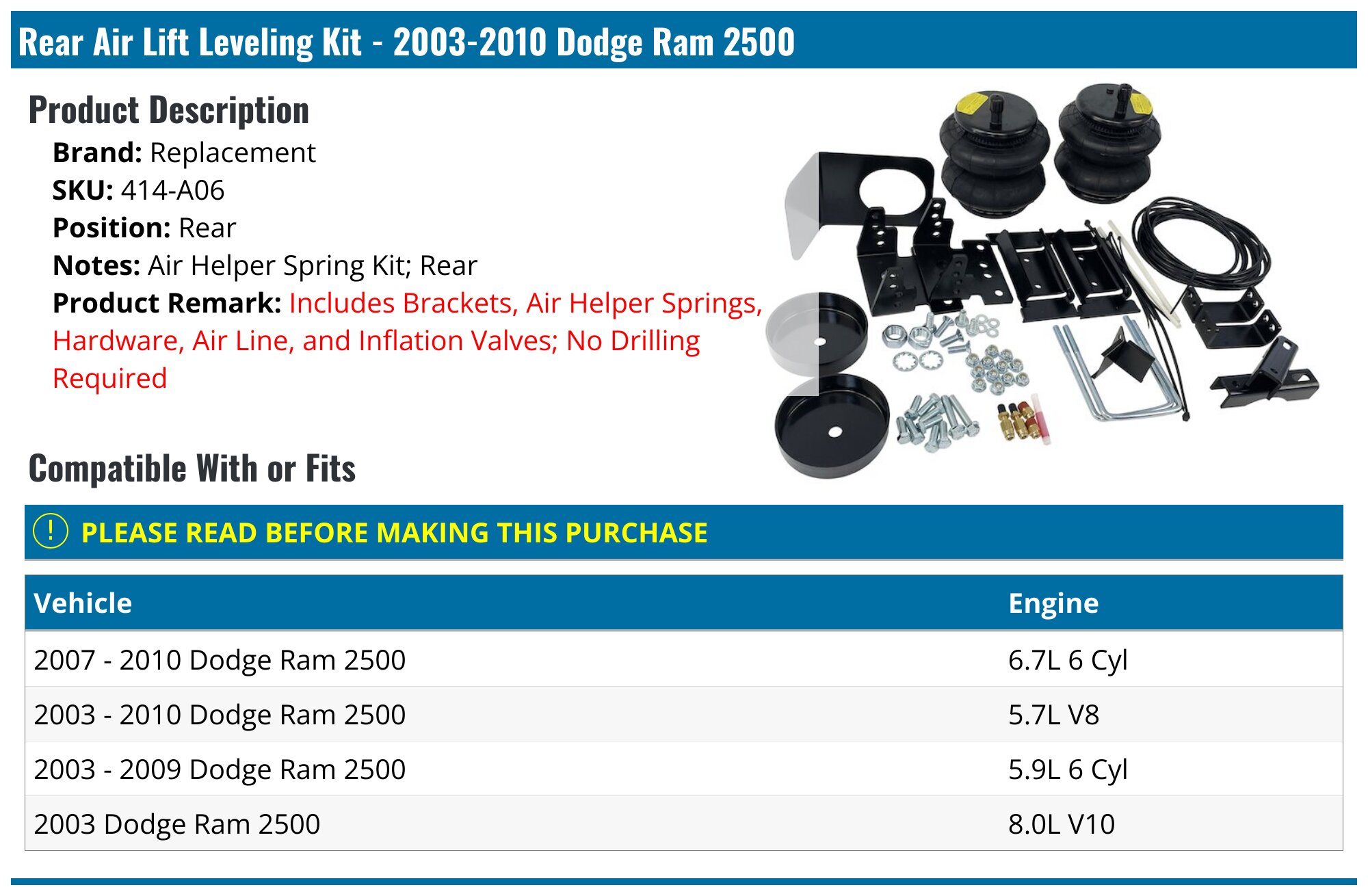 2003-2010 Dodge Ram 2500 Air Lift Leveling Kit - Replacement 414-A06 ...