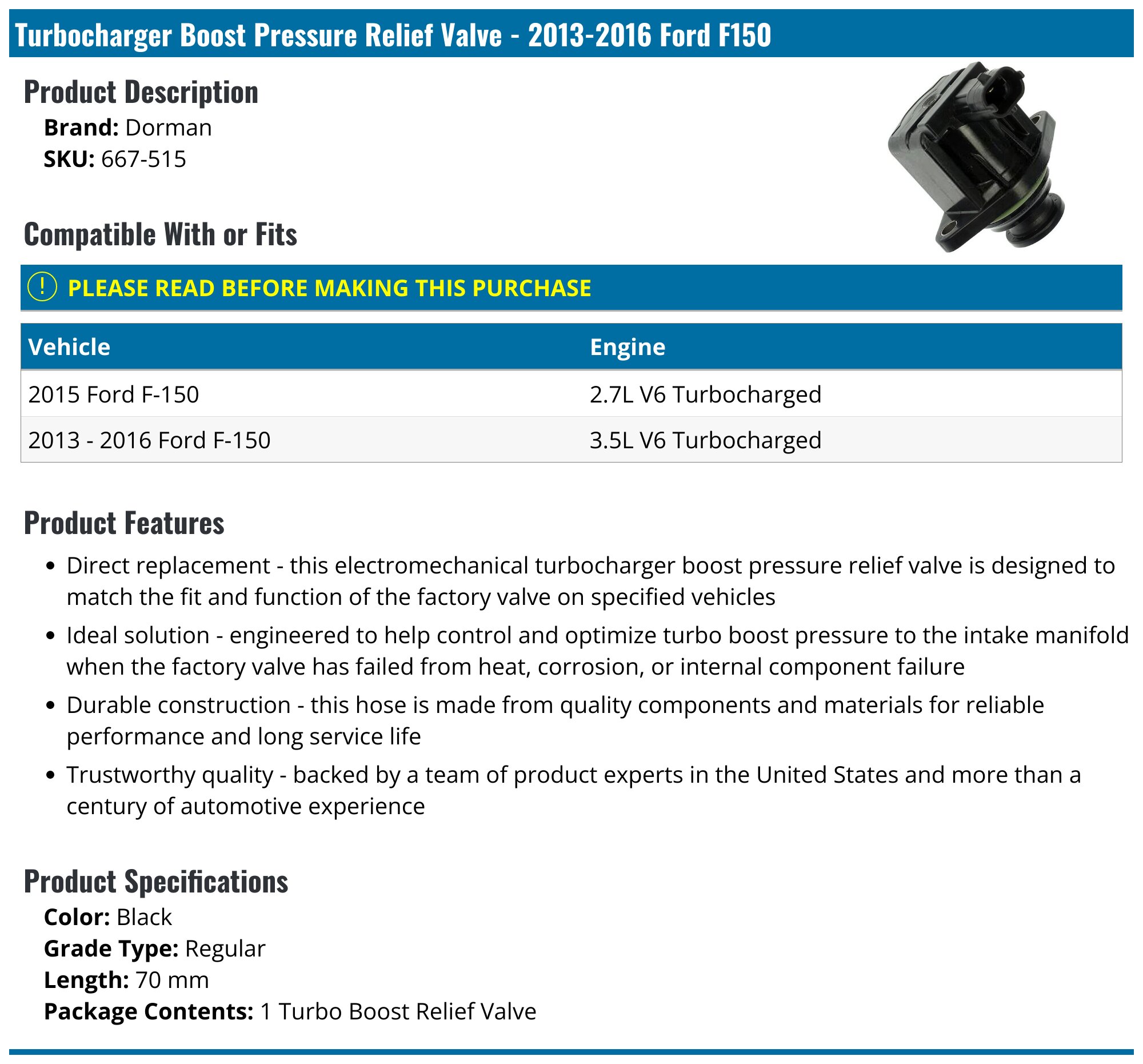 2013-2016 Ford F150 Turbocharger Boost Pressure Relief Valve - Dorman ...