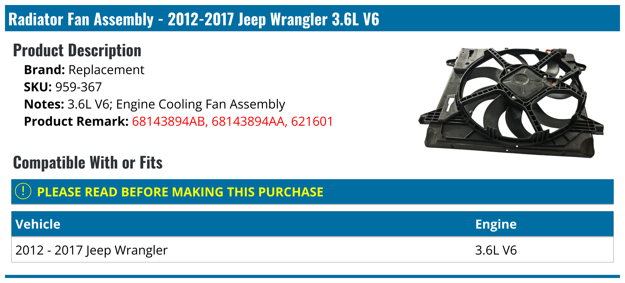 2012-2017 Jeep Wrangler Radiator Fan Assembly - Replacement 959-367 ...