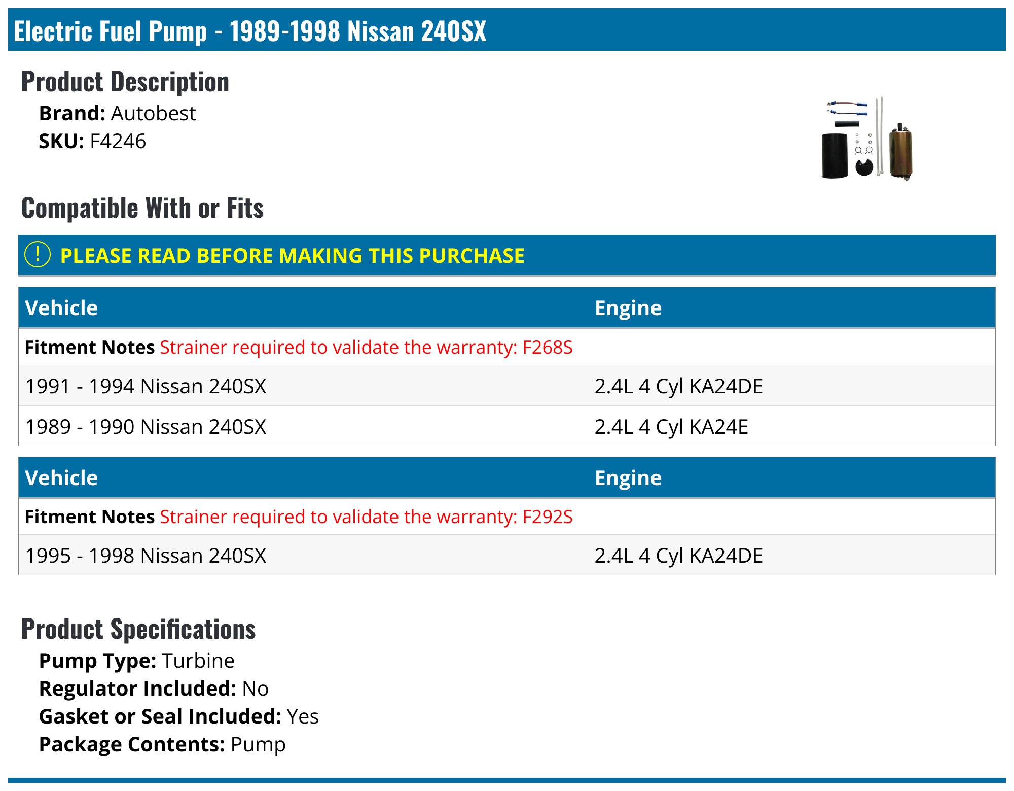 1989-1998 Nissan 240SX Fuel Pump - Autobest F4246 - In-Tank - PartsGeek.com