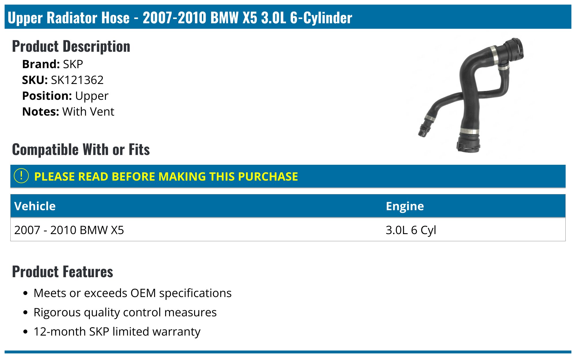 2007-2010 BMW X5 Radiator Hose - SKP SK121362 - Upper - PartsGeek.com
