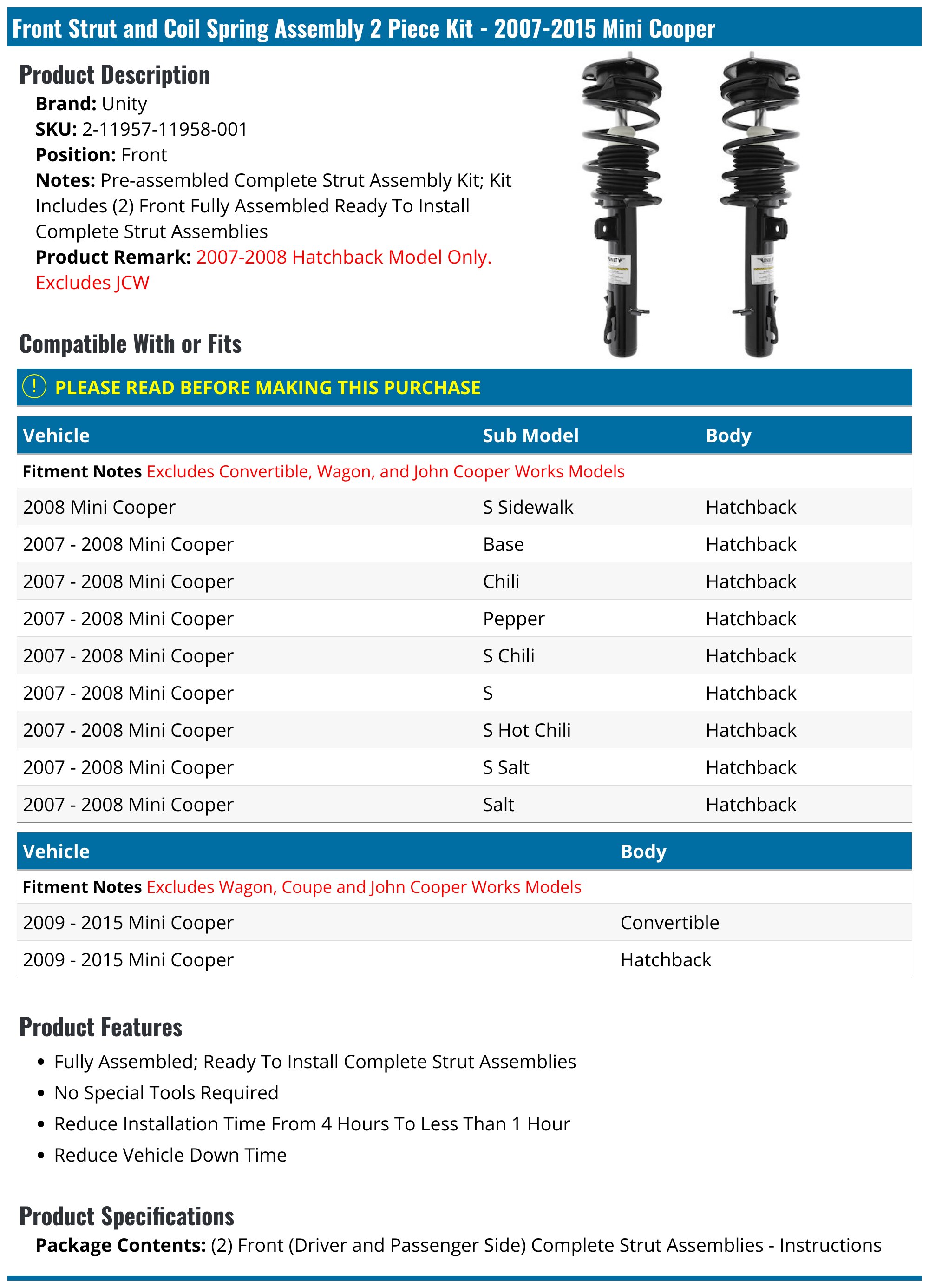 2007-2015 Mini Cooper Strut Assembly - Unity 2-11957-11958-001 - Front ...