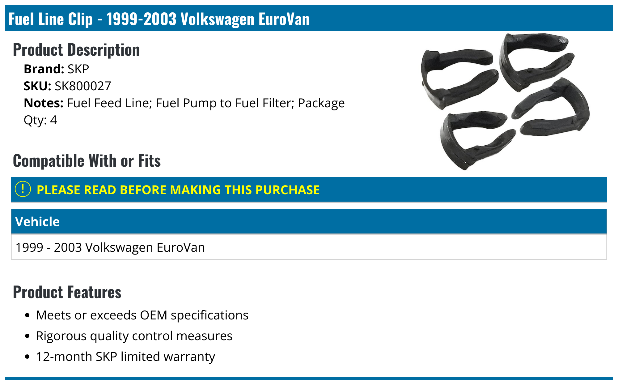 1999-2003 Volkswagen EuroVan Fuel Line Clip - SKP SK800027 - PartsGeek.com