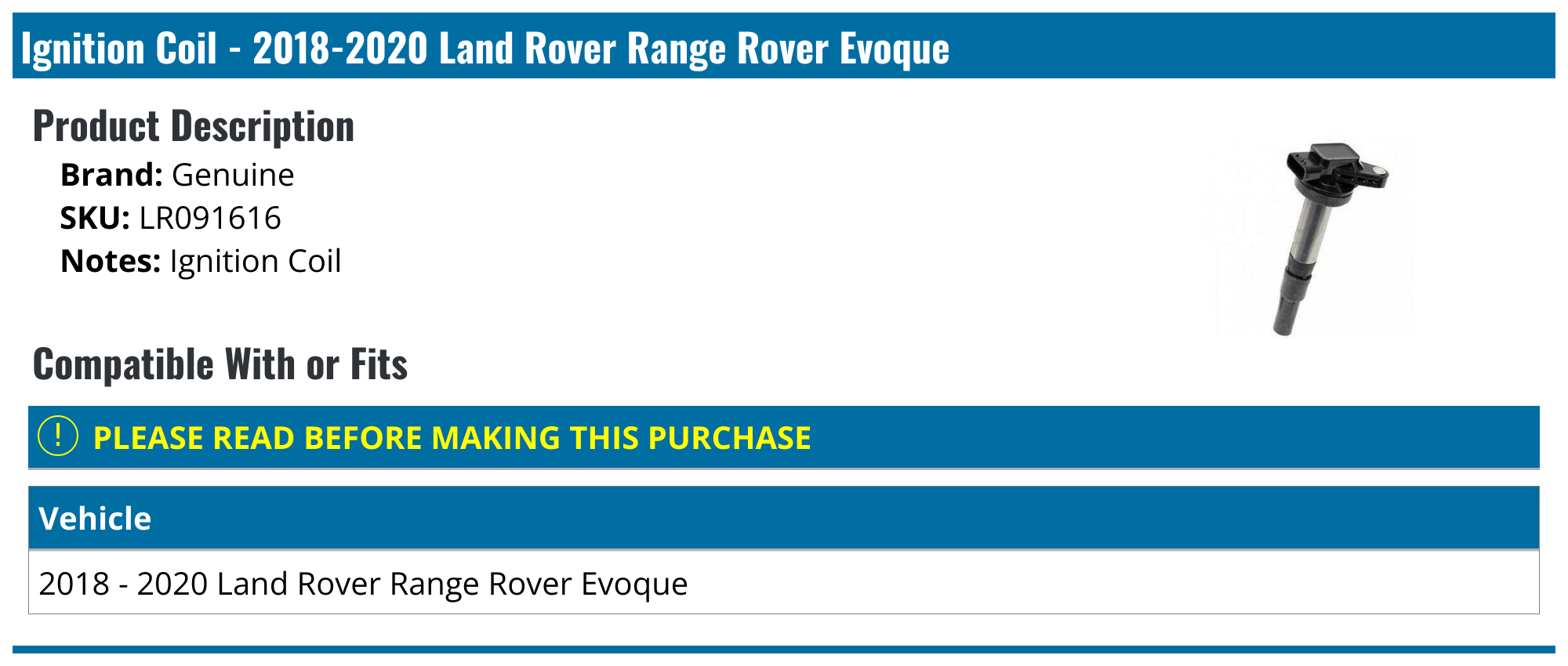 2018-2020 Land Rover Range Rover Evoque Ignition Coil - Genuine ...