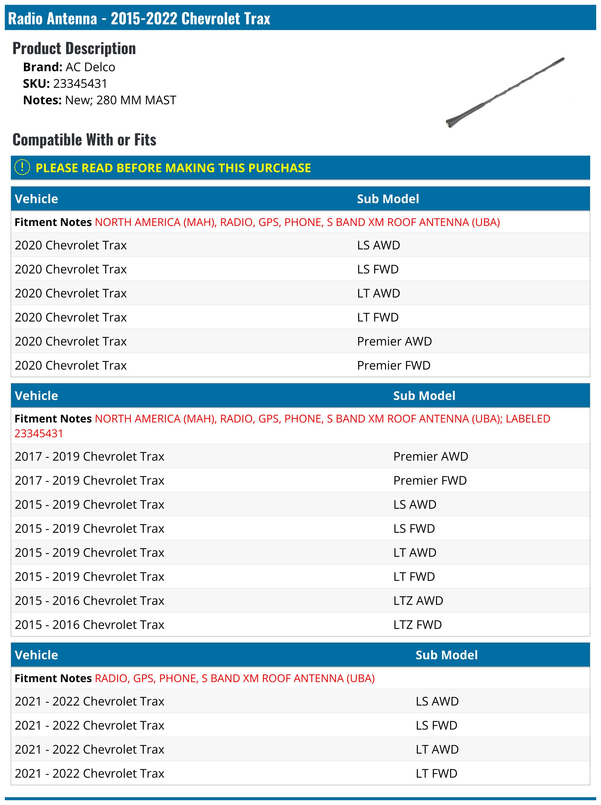 2015-2022 Chevrolet Trax Radio Antenna - AC Delco 23345431 ...