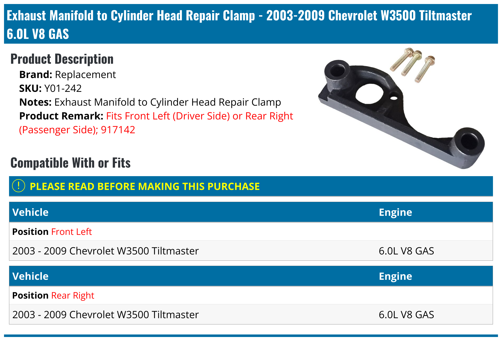 2003-2009 Chevrolet W3500 Tiltmaster Exhaust Manifold to Cylinder Head ...