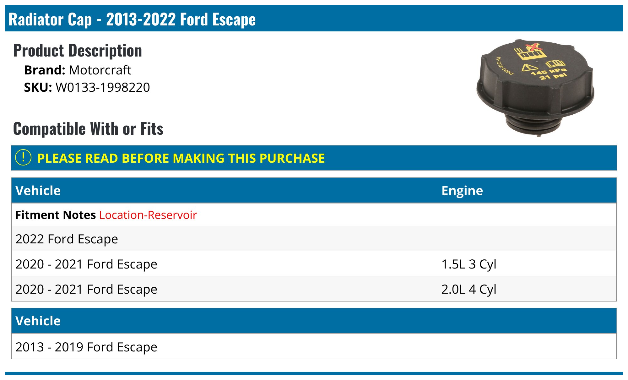 2013-2026 Ford Escape Radiator Cap - Motorcraft W0133-1998220 ...