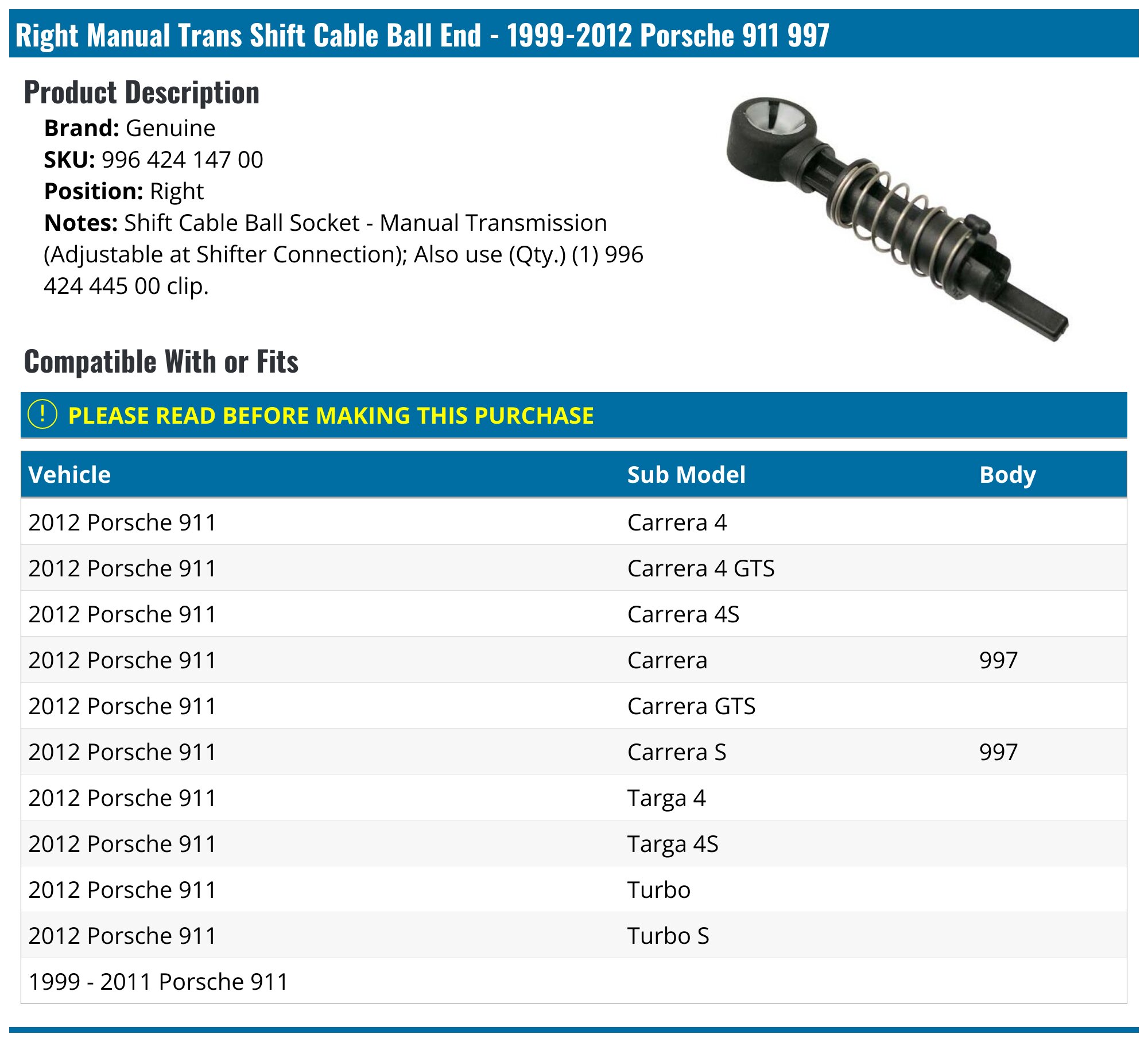 1999-2012 Porsche 911 Manual Trans Shift Cable Ball End - Genuine 996 ...