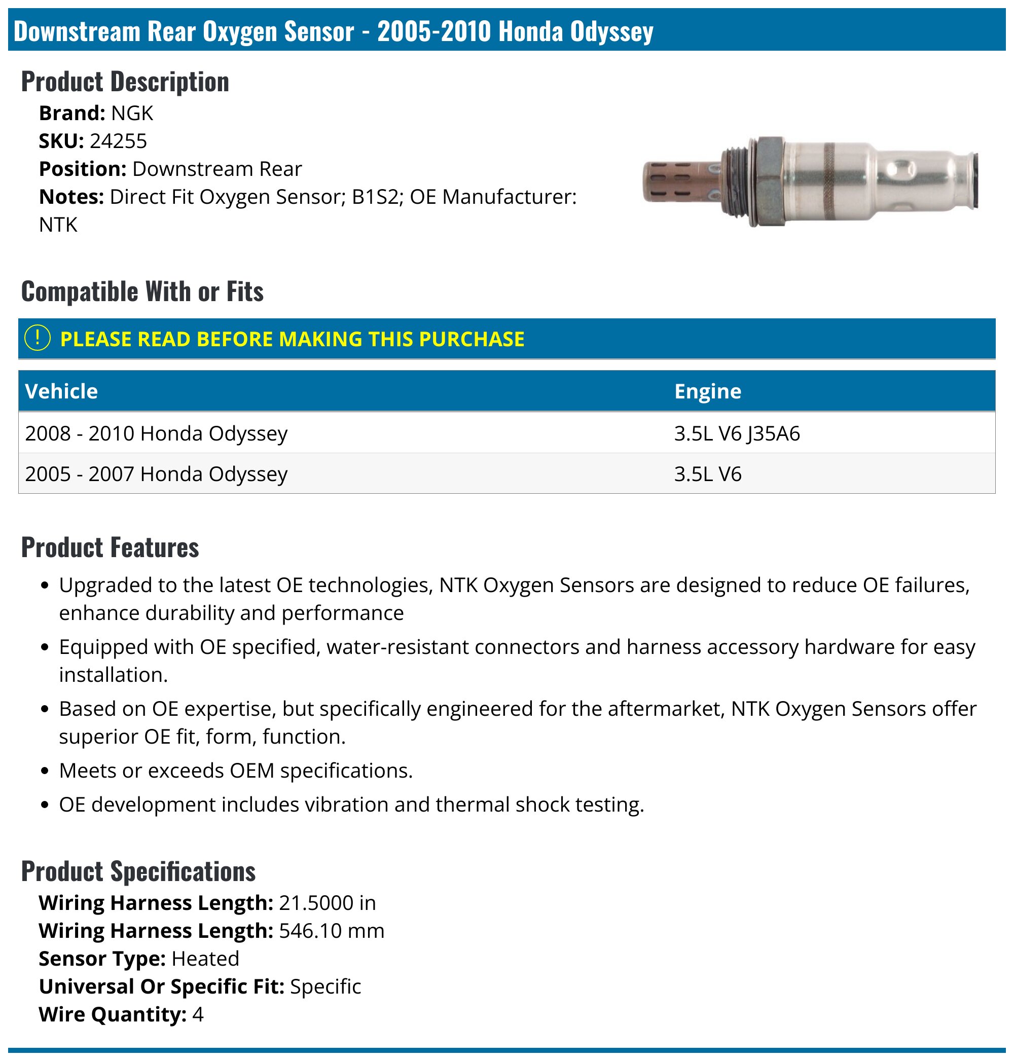 2005-2010 Honda Odyssey Oxygen Sensor - NGK 24255 - Downstream Rear ...