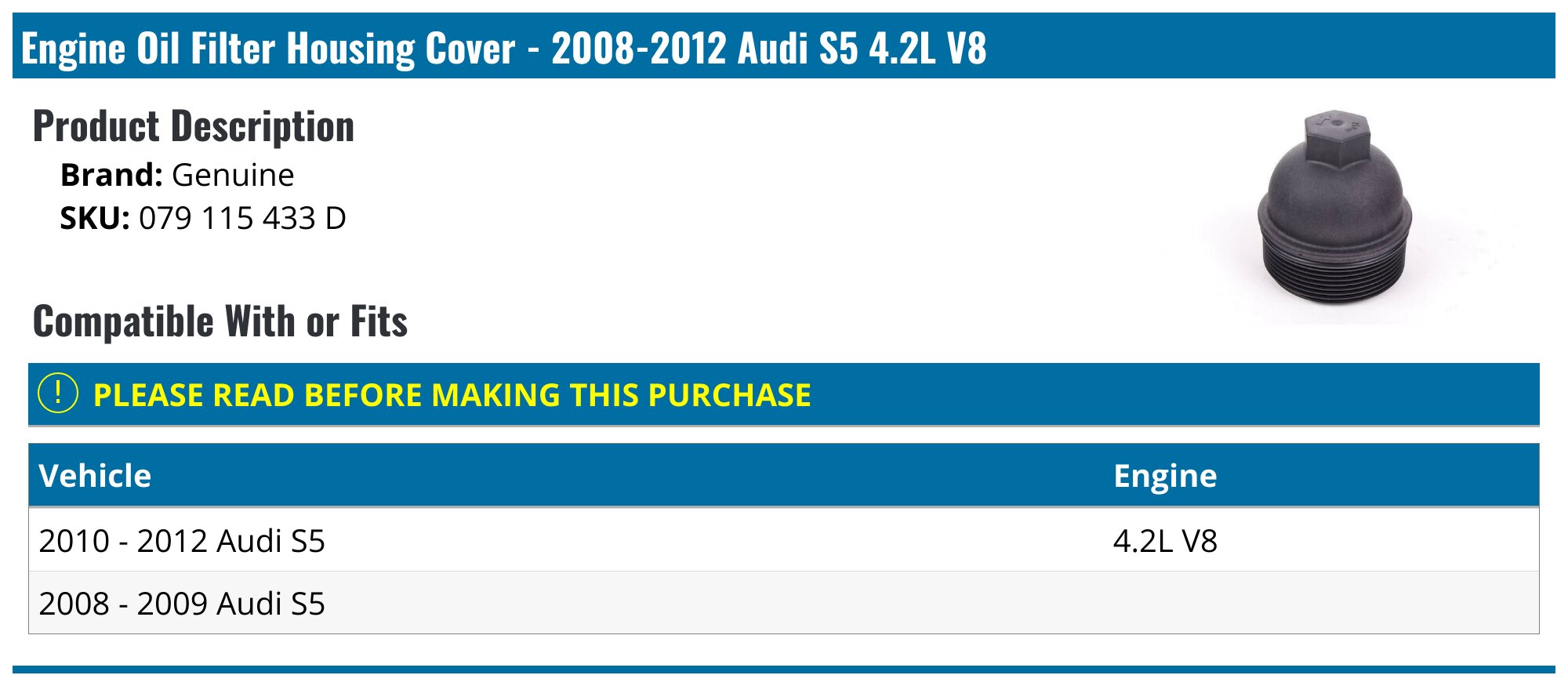 2008-2012 Audi S5 Engine Oil Filter Housing Cover - Genuine 079 115 433 ...