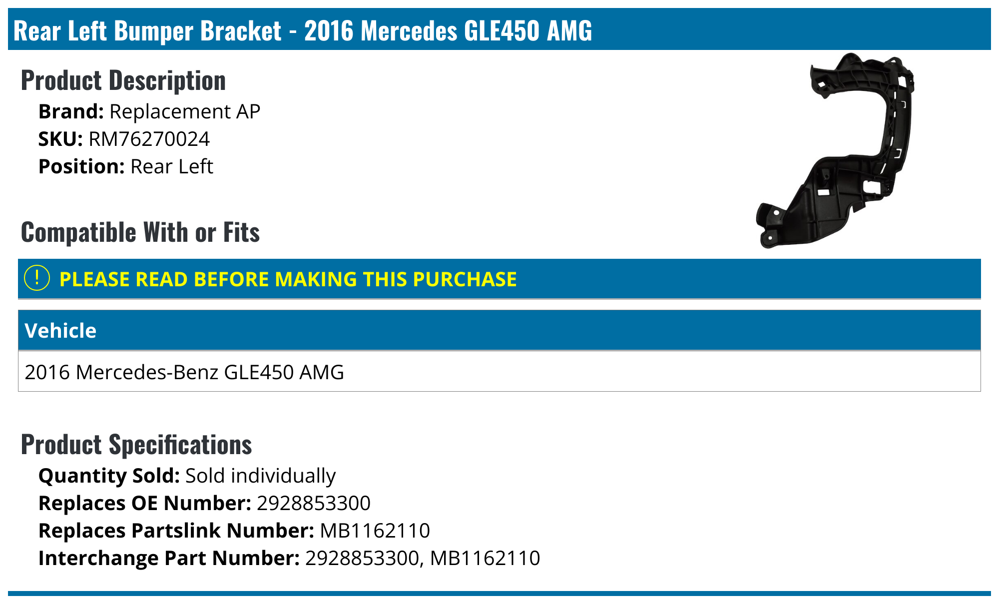 2016 Mercedes GLE450 AMG Bumper Bracket - Replacement AP RM76270024 ...