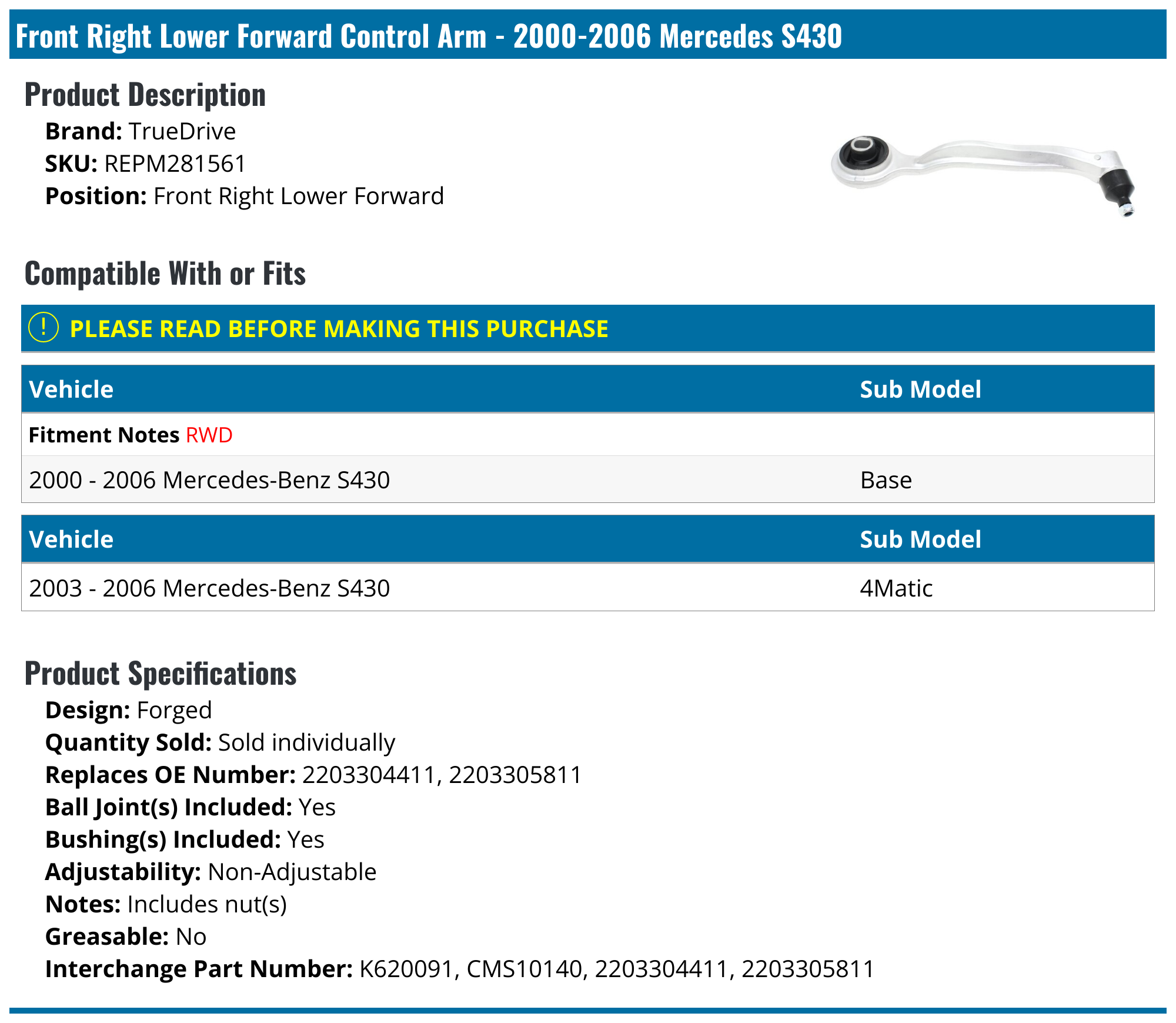 2000-2006 Mercedes S430 Control Arm - TrueDrive REPM281561 - Front ...