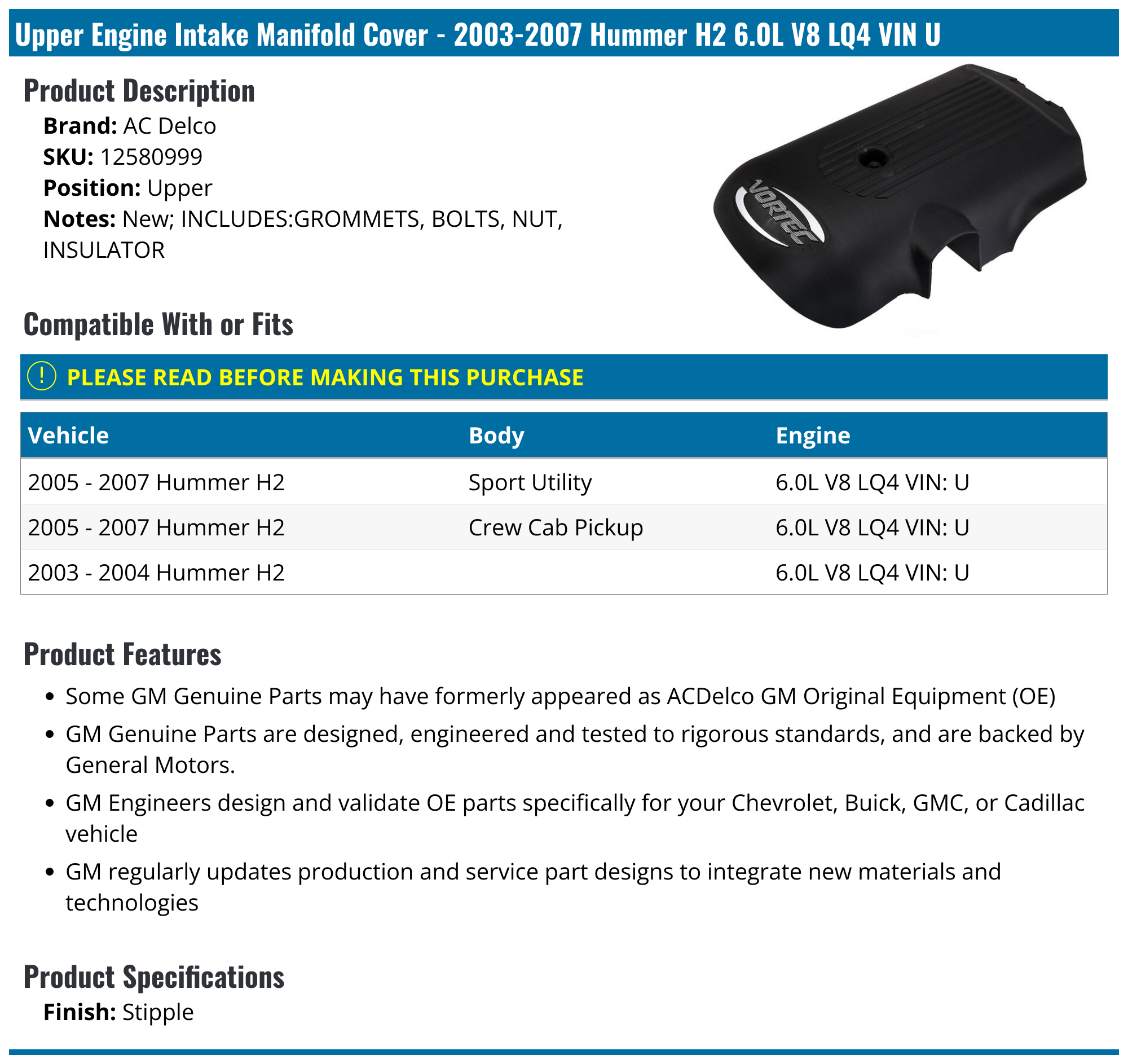 2003-2007 Hummer H2 Engine Intake Manifold Cover - AC Delco 12580999 ...