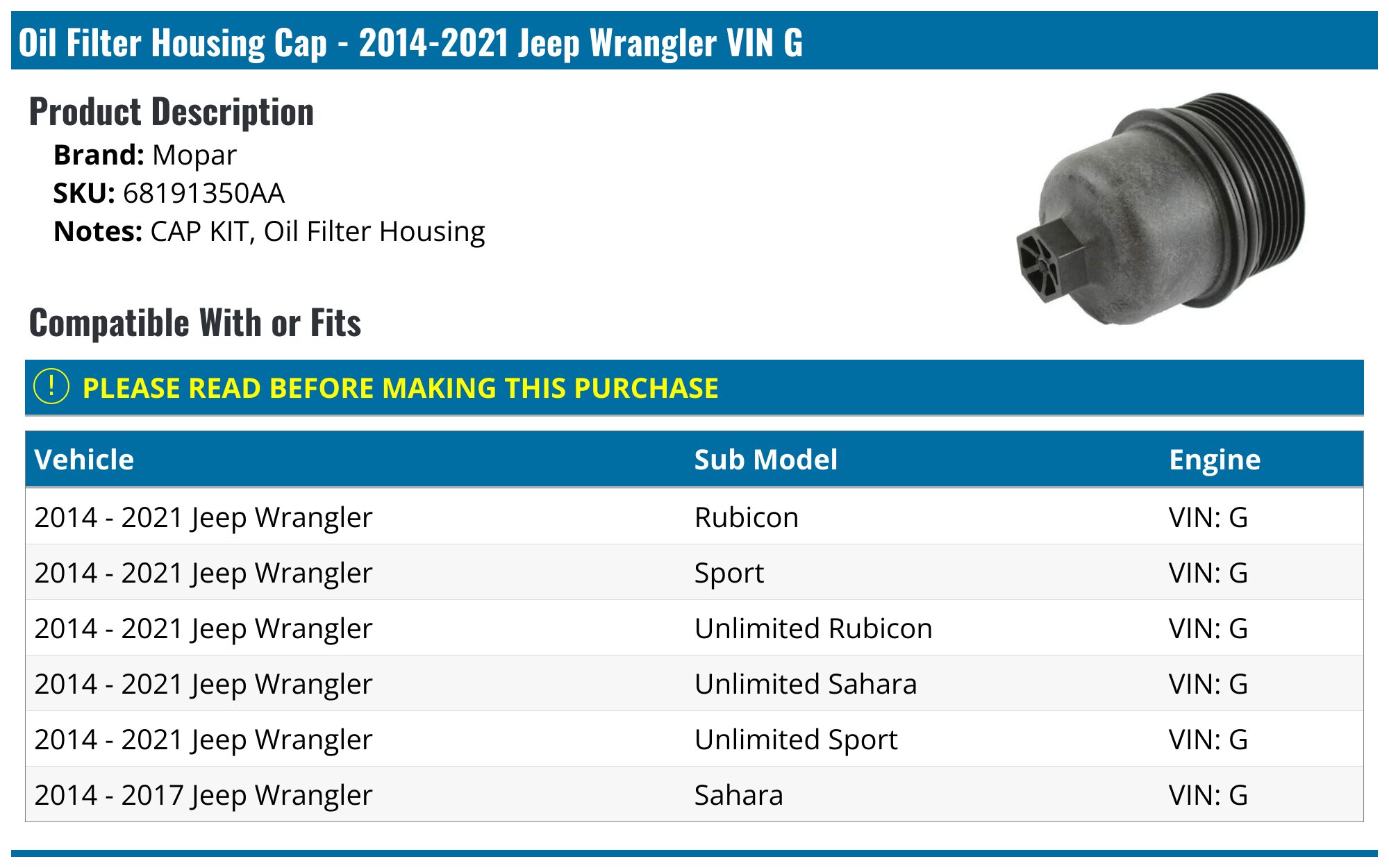 2014-2021 Jeep Wrangler Oil Filter Housing Cap - Mopar 68191350AA ...