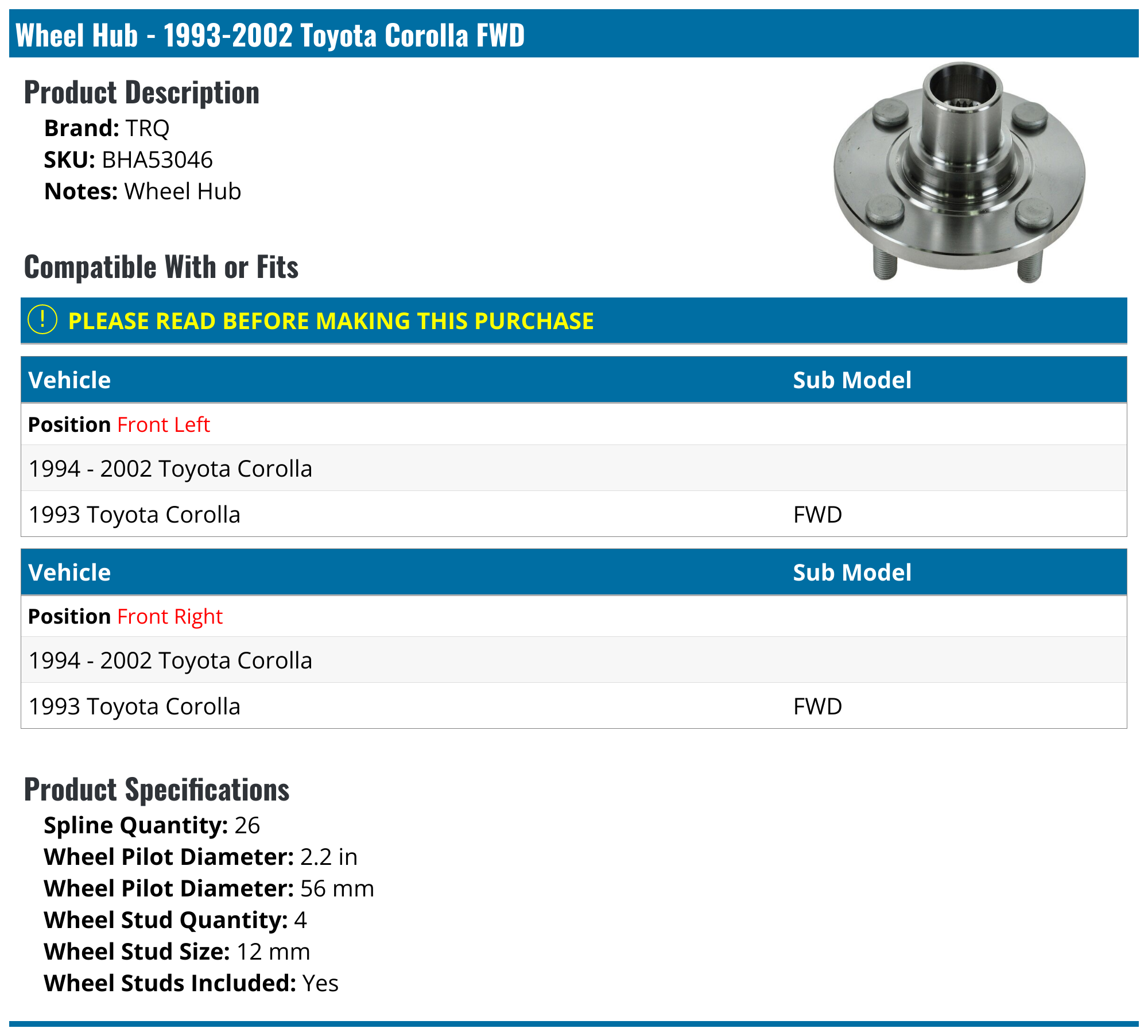 1988-2002 Toyota Corolla Wheel Hub Assembly - TRQ BHA53046 - Front Left ...