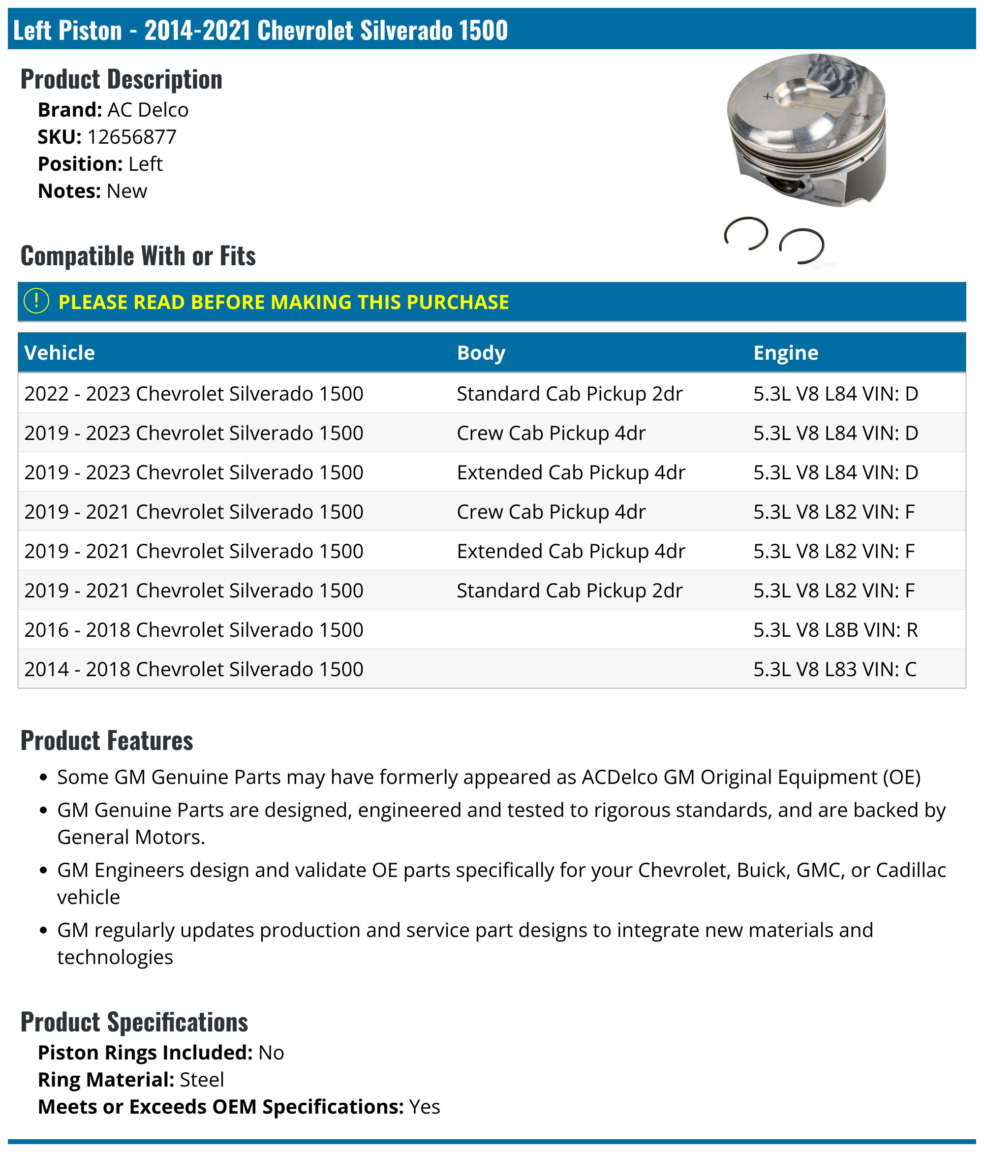 2014-2023 Chevrolet Silverado 1500 Piston - AC Delco 12656877 - Left ...