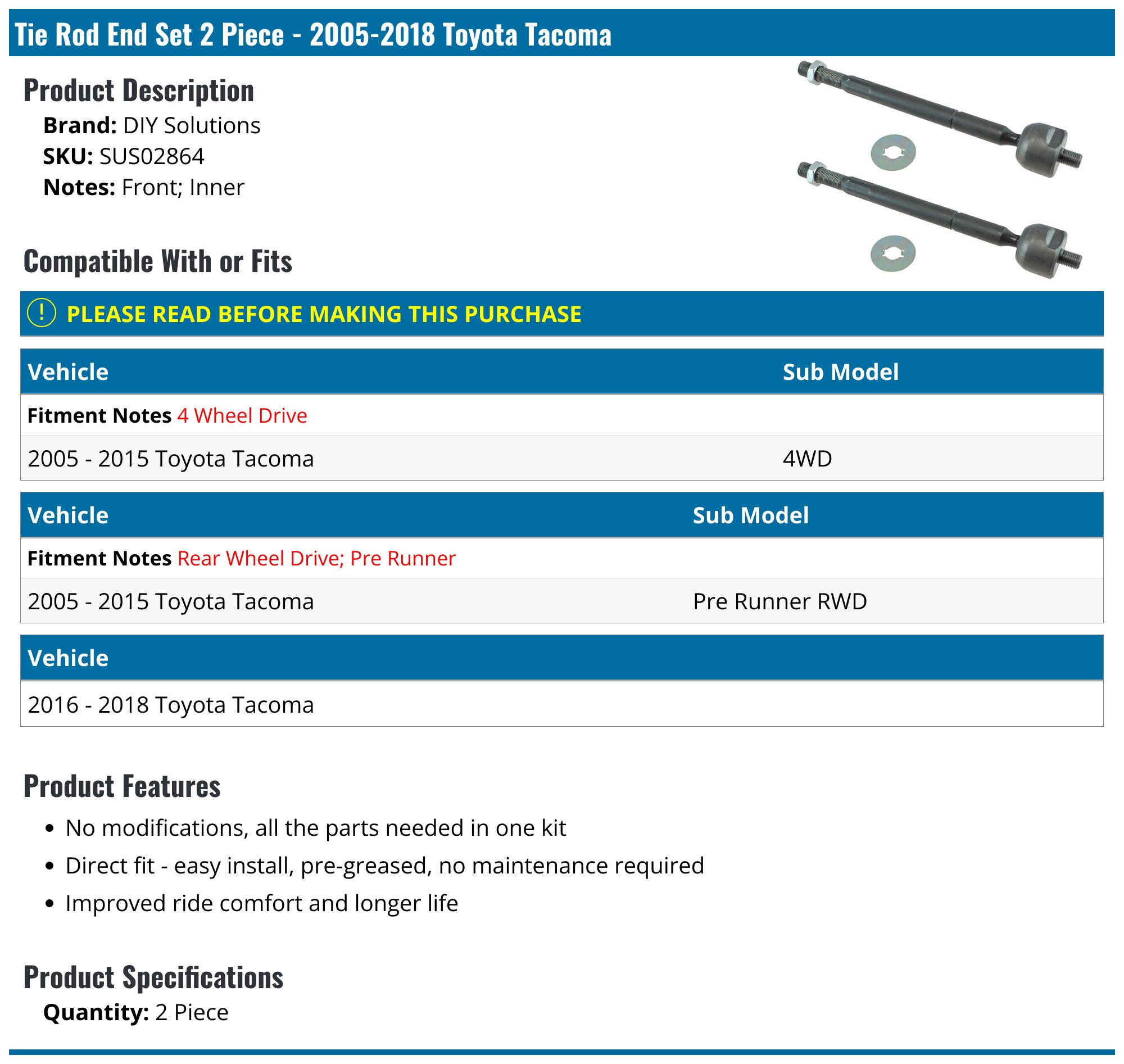 2005-2018 Toyota Tacoma Tie Rod End - DIY Solutions SUS02864 ...