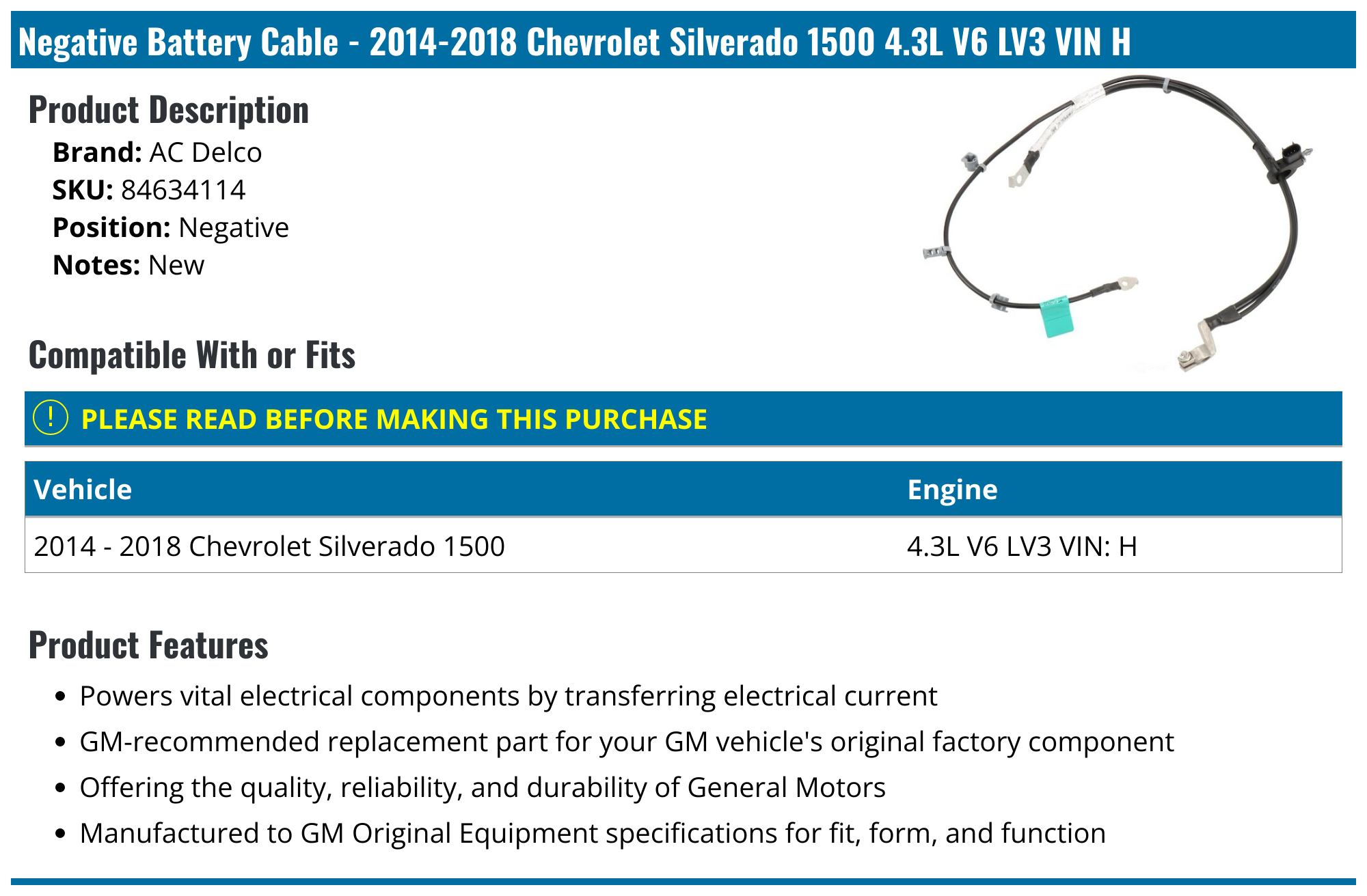 2014-2018 Chevrolet Silverado 1500 Battery Cable - AC Delco 84634114 ...