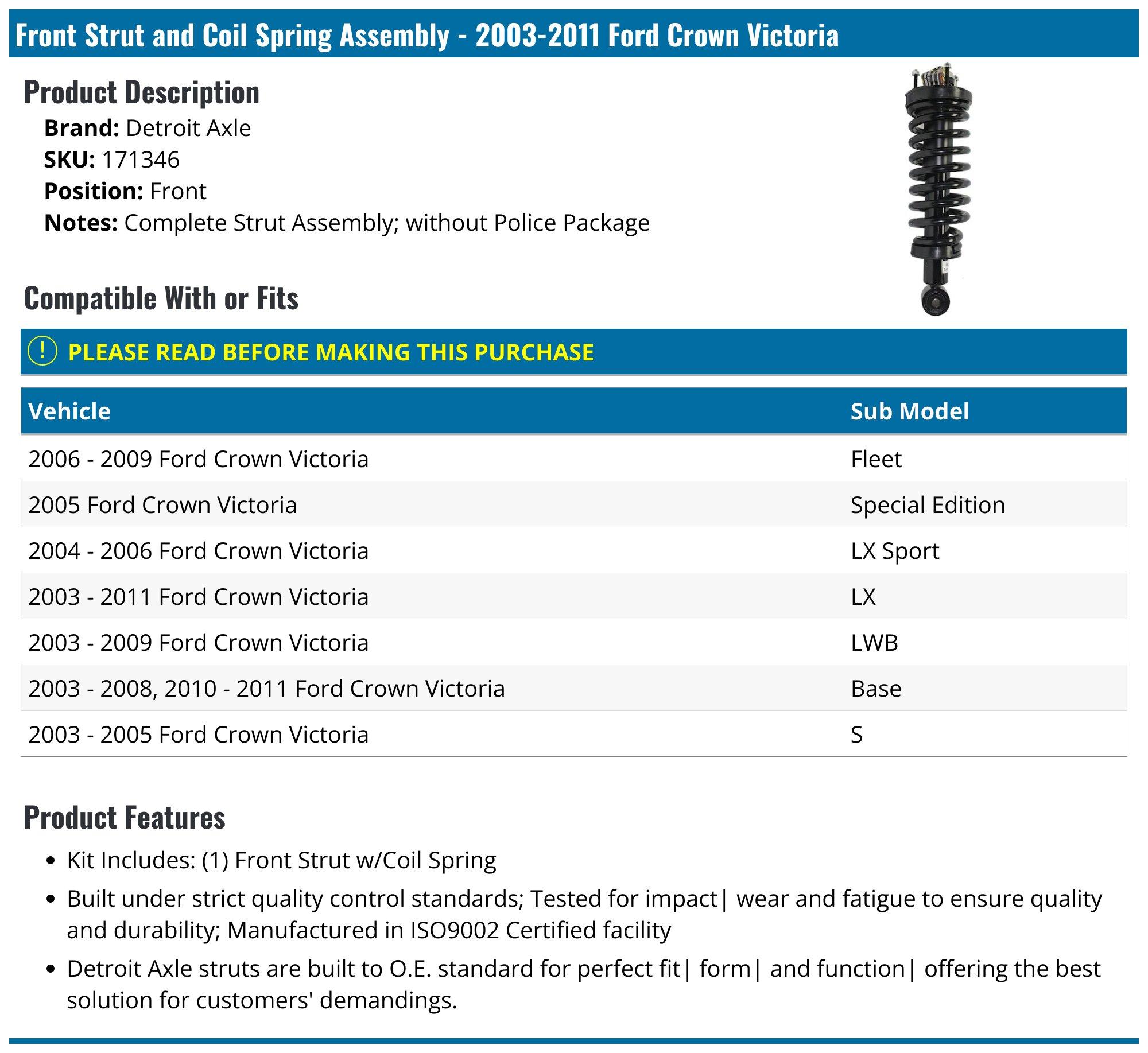2003-2011 Ford Crown Victoria Strut Assembly - Detroit Axle 171346 ...