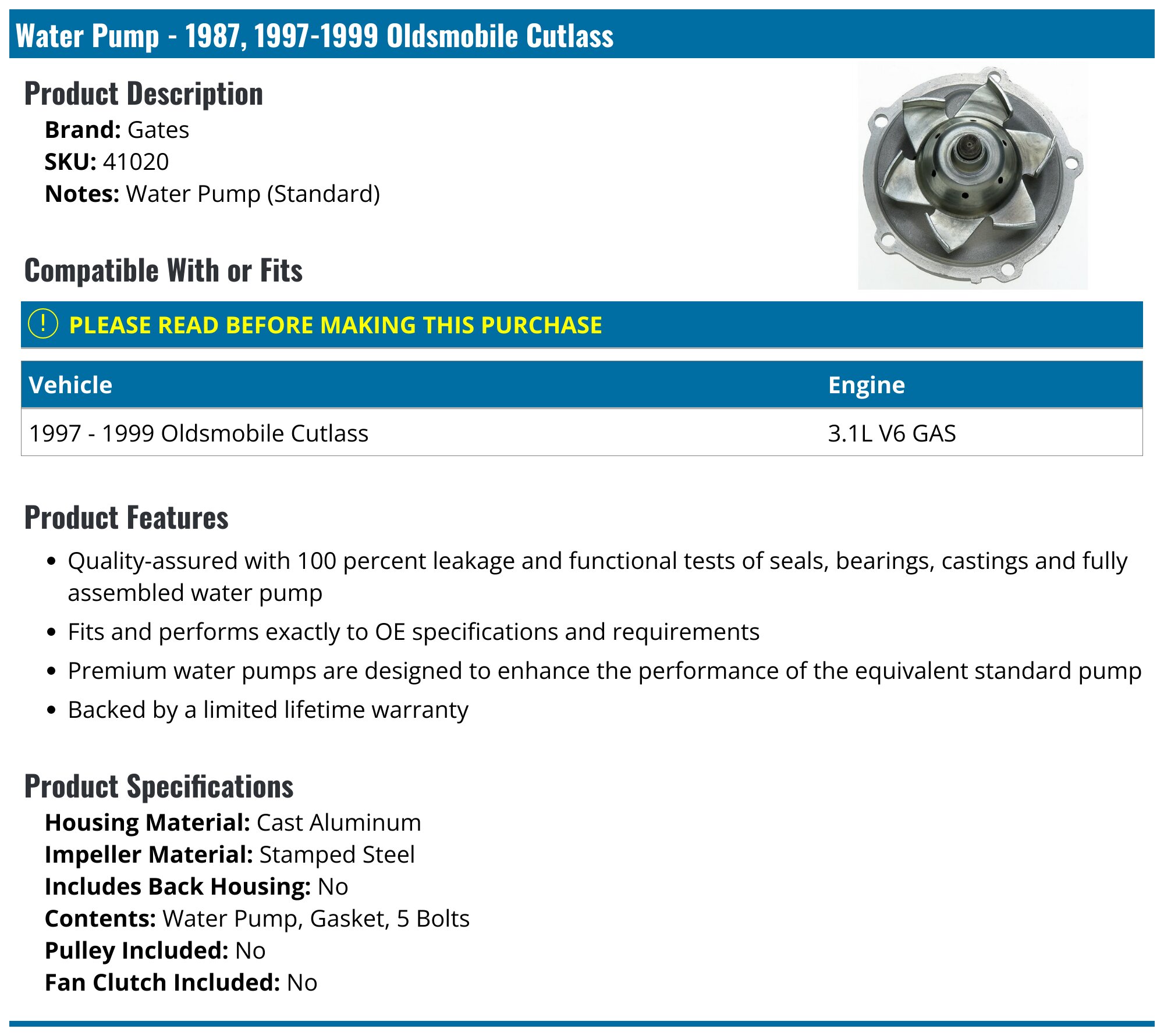 1987, 1997-1999 Oldsmobile Cutlass Water Pump - Gates 41020 - PartsGeek.com