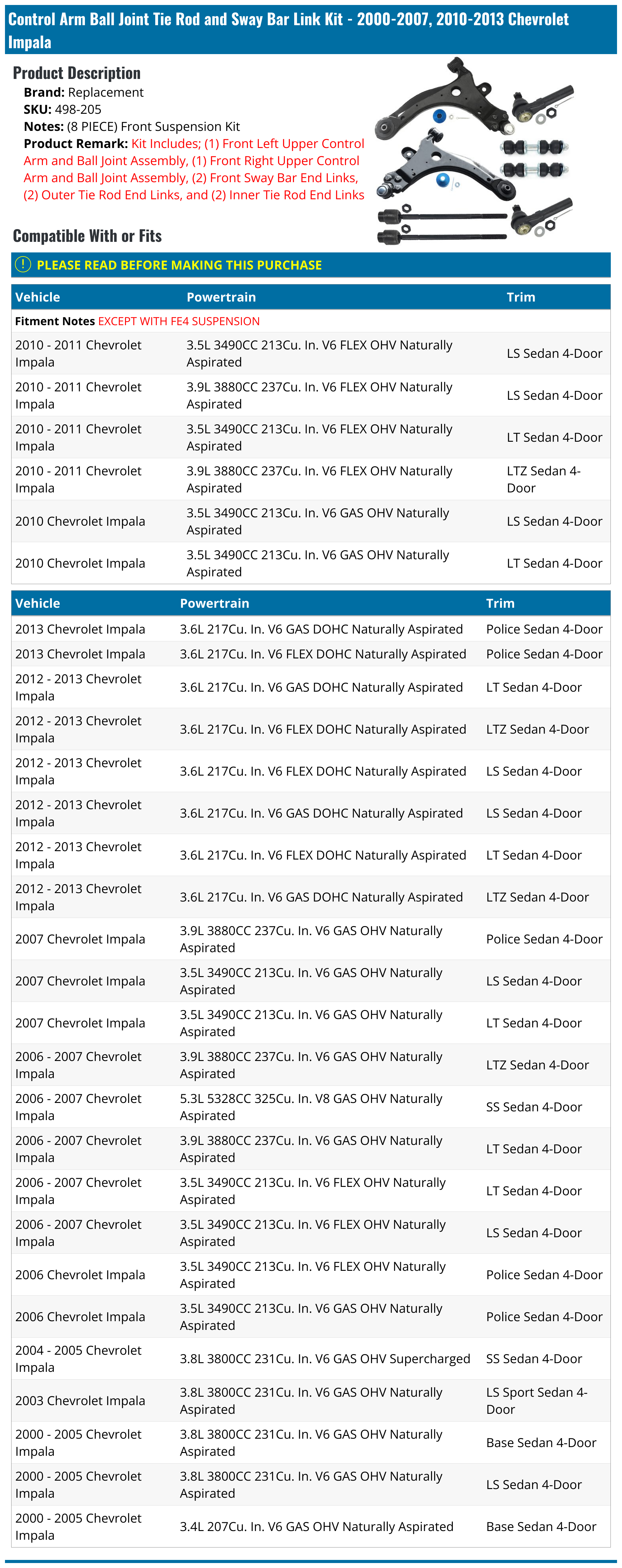 2000-2007, 2010-2013 Chevrolet Impala Control Arm - Replacement 498-205 ...