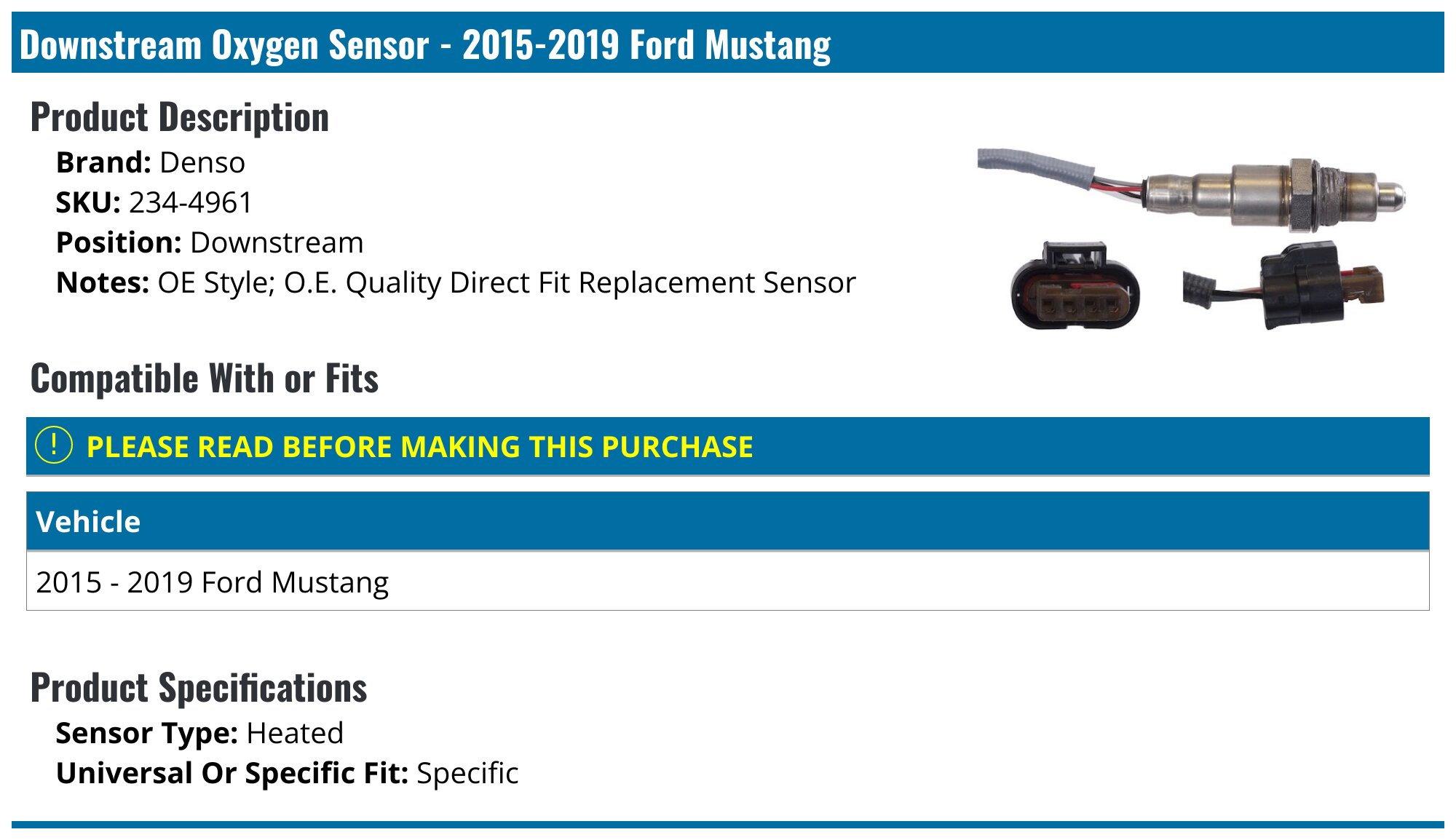 2015-2019 Ford Mustang Oxygen Sensor - Denso 234-4961 - Downstream ...