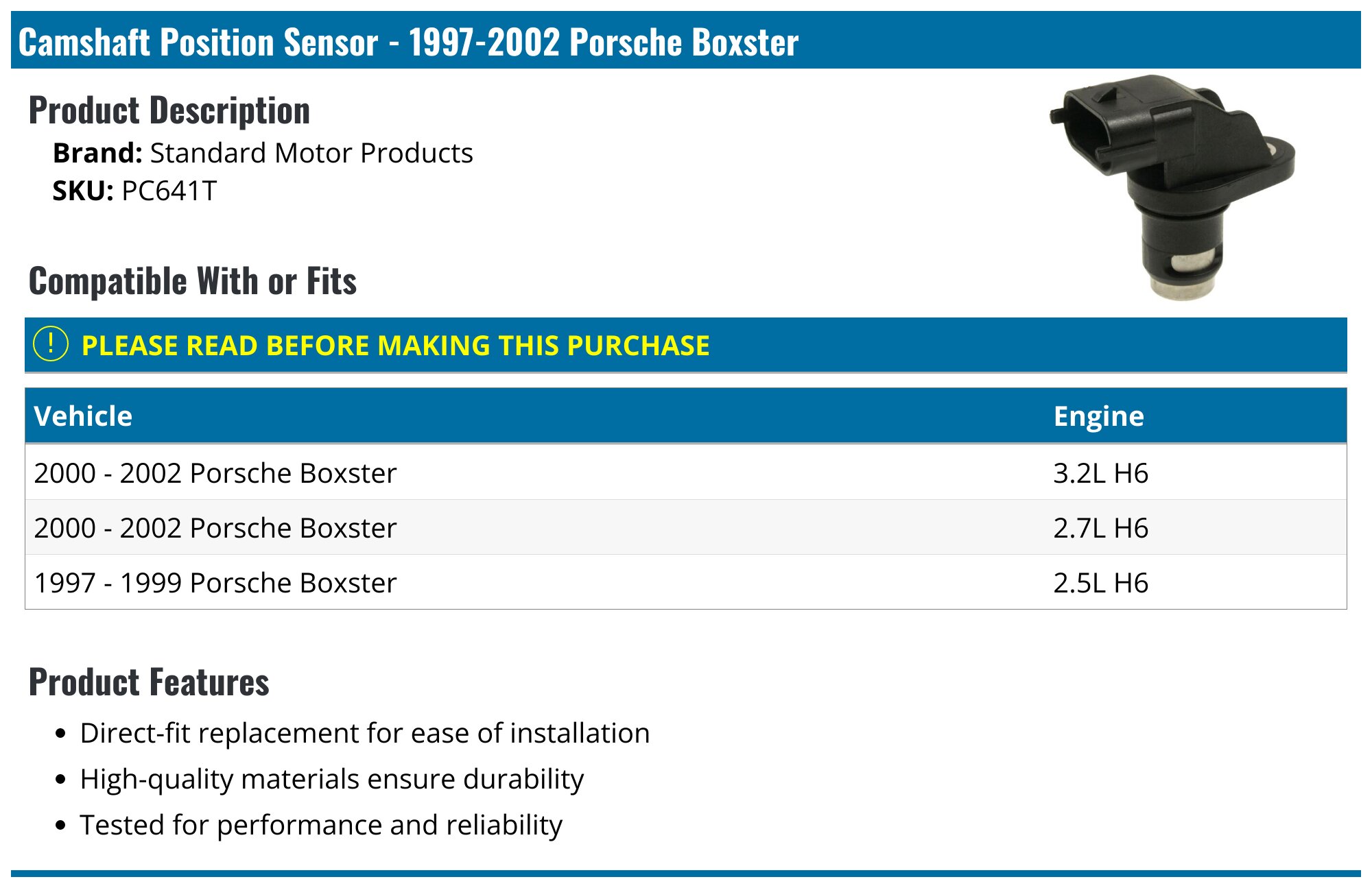 1997-2002 Porsche Boxster Camshaft Position Sensor - Standard Motor ...