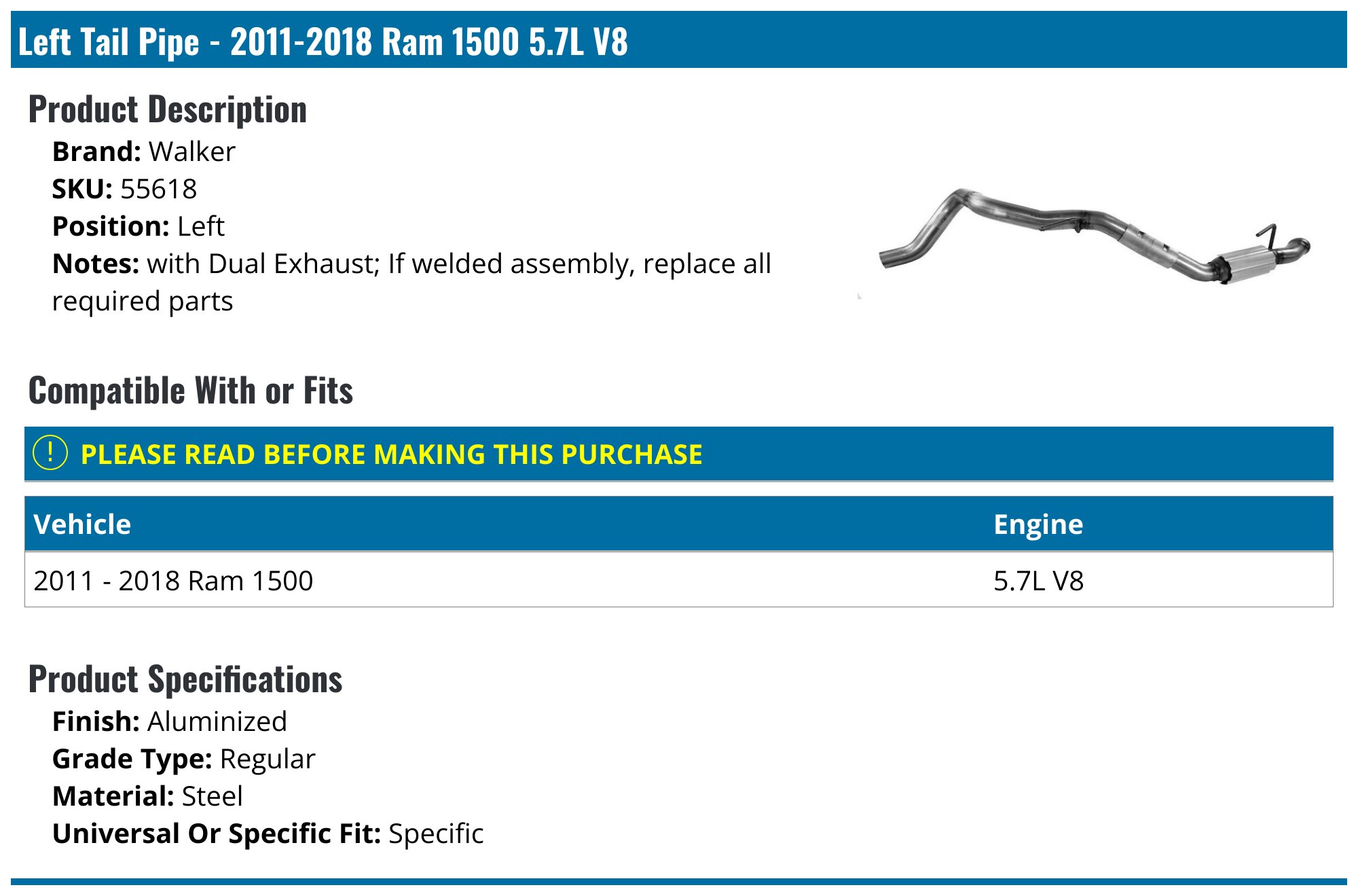 2011-2018 Ram 1500 Tail Pipe - Walker 55618 - Left - PartsGeek.com