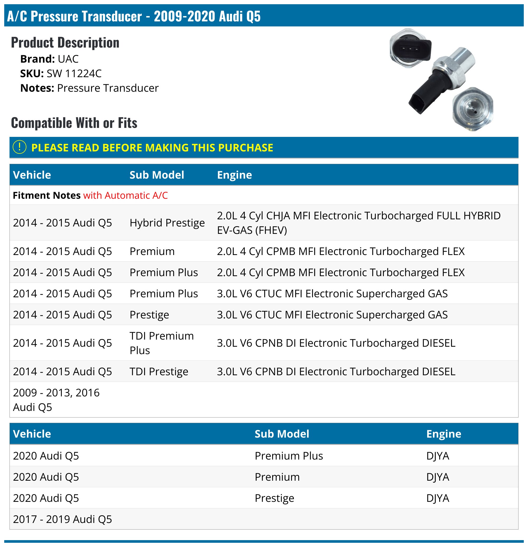 2009-2020 Audi Q5 A/C Pressure Transducer - UAC SW 11224C - PartsGeek.com