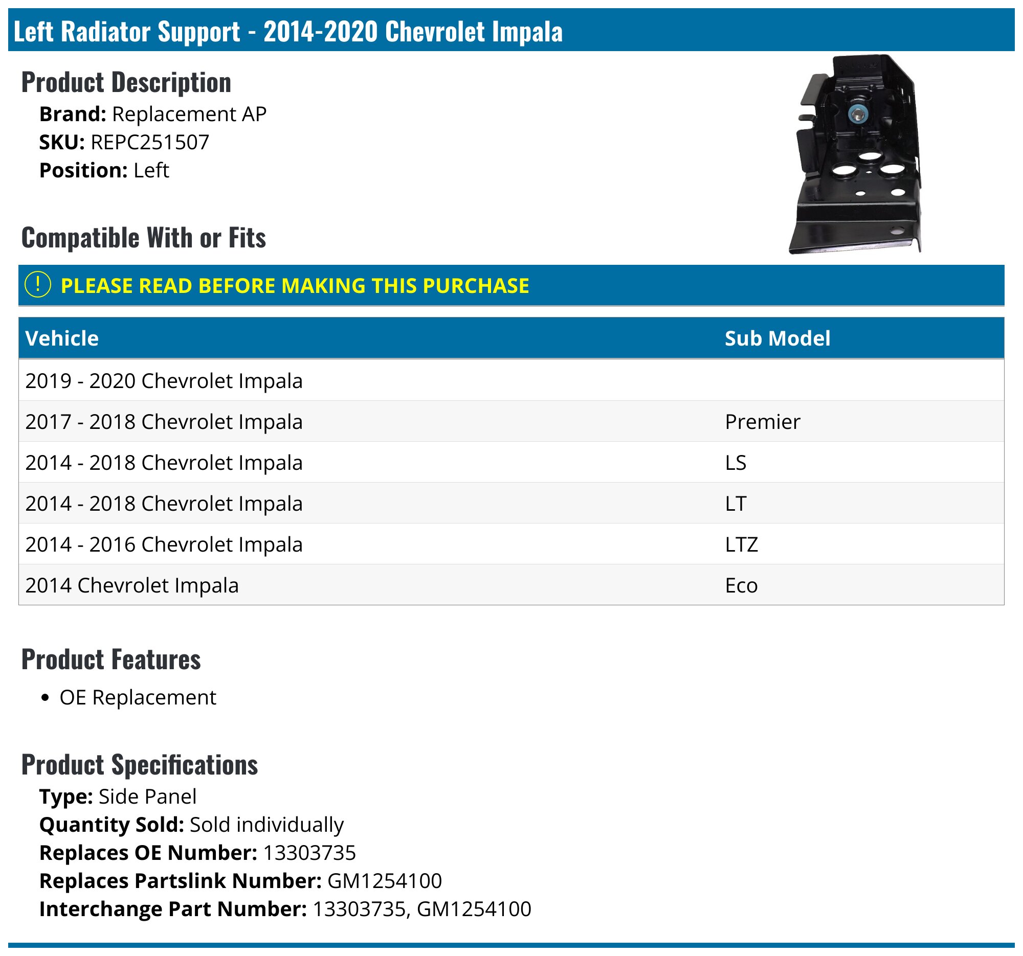 2014-2020 Chevrolet Impala Radiator Support - Replacement AP REPC251507 ...