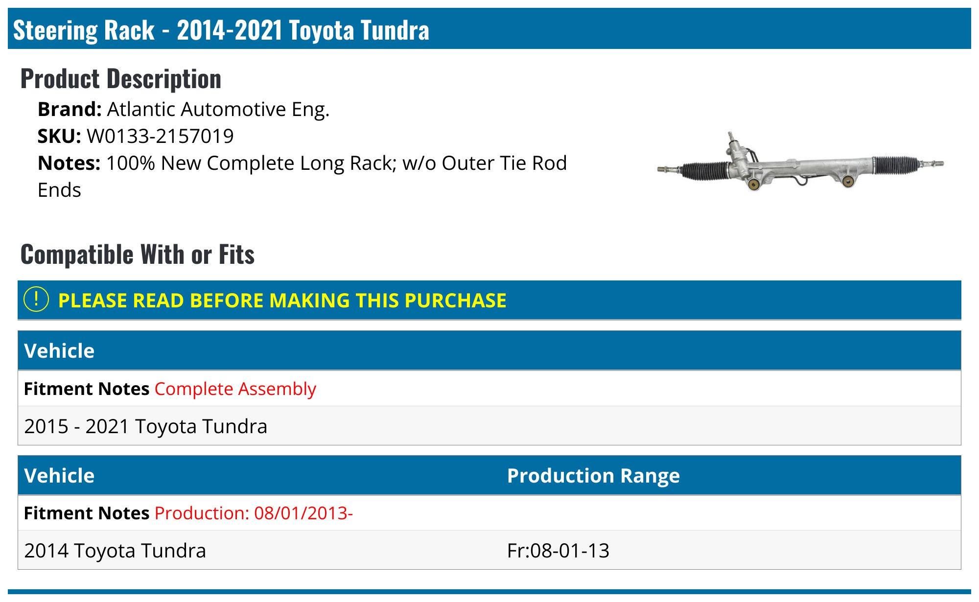 2014-2021 Toyota Tundra Steering Rack - Atlantic Automotive Eng. W0133 ...
