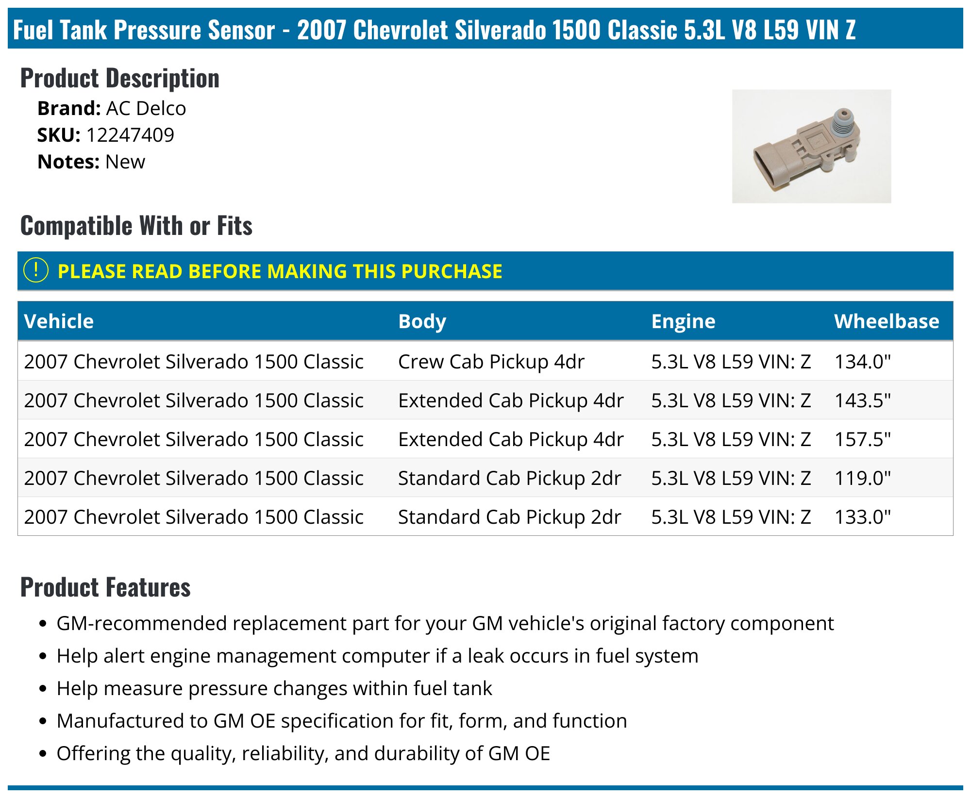 2007 Chevrolet Silverado 1500 Classic Fuel Tank Pressure Sensor - AC ...