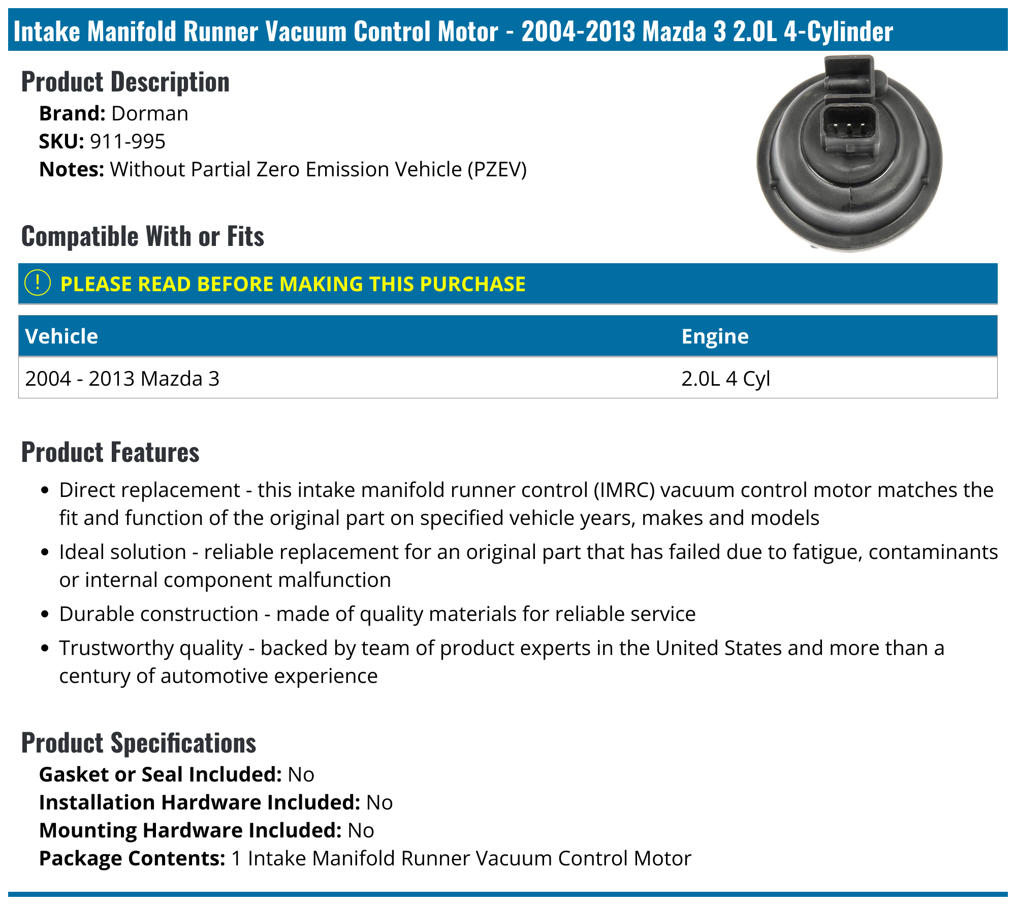 2004-2013 Mazda 3 Intake Manifold Runner Vacuum Control Motor - Dorman ...