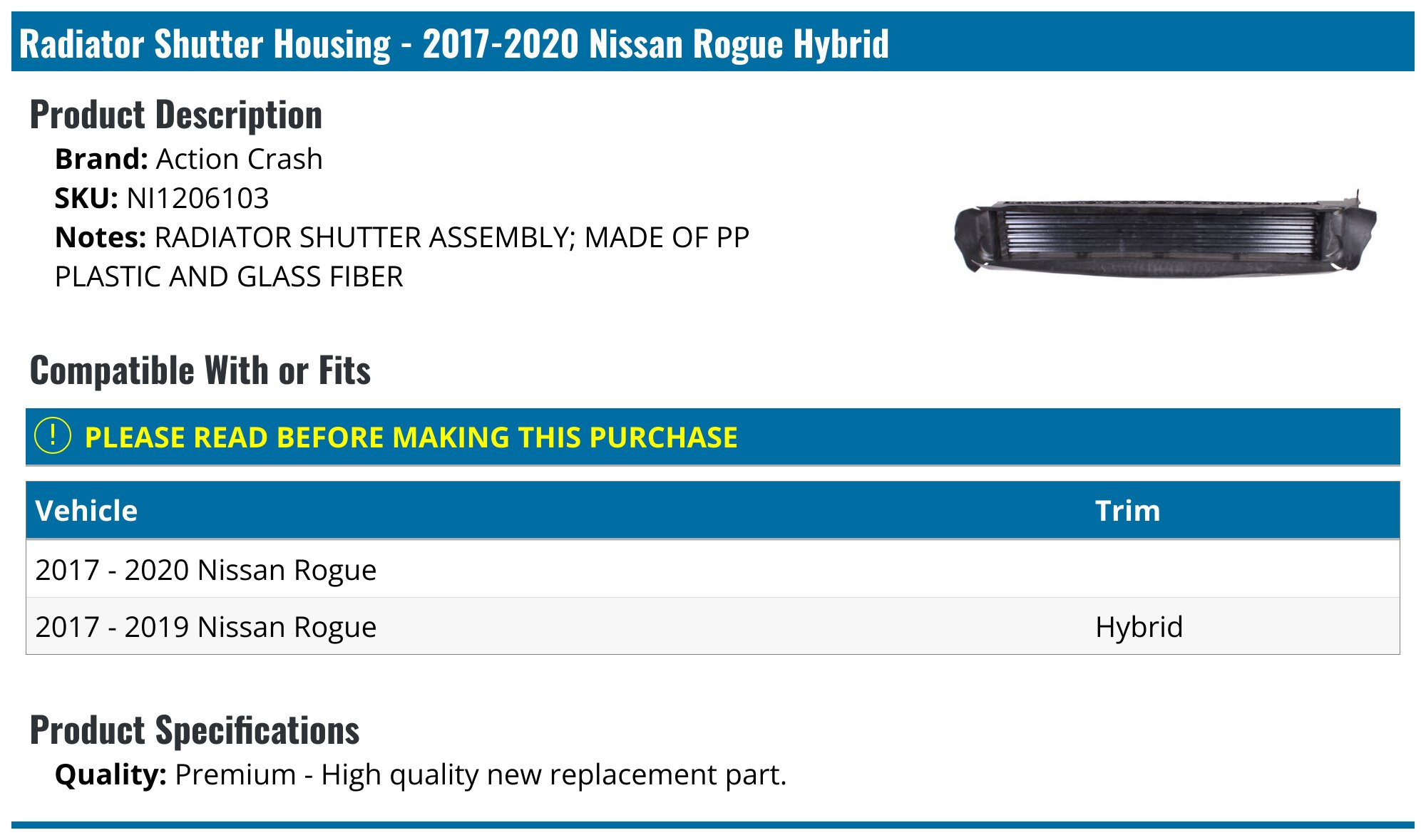 2017-2020 Nissan Rogue Radiator Shutter Assembly - Action Crash ...