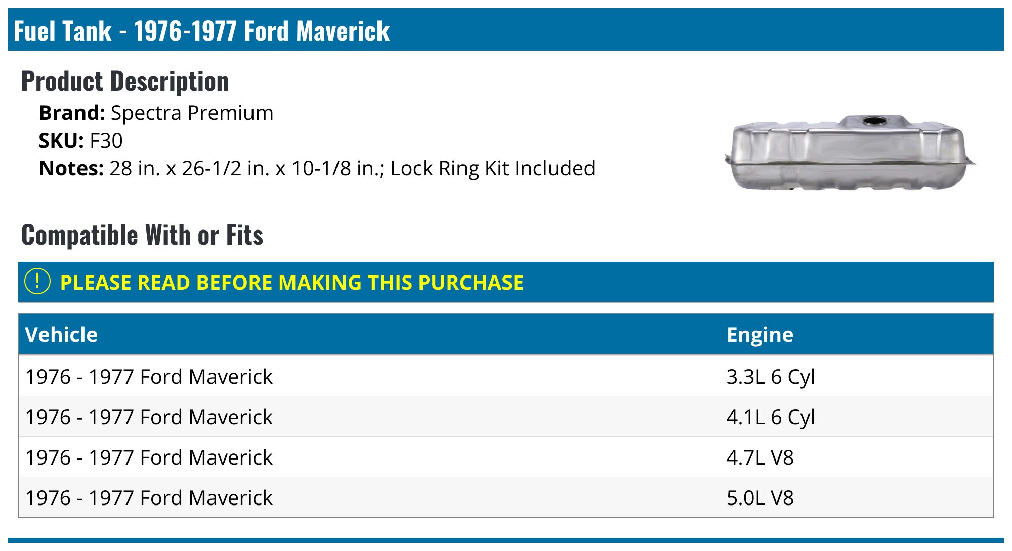 1976-1977 Ford Maverick Fuel Tank - Spectra Premium F30 - PartsGeek.com