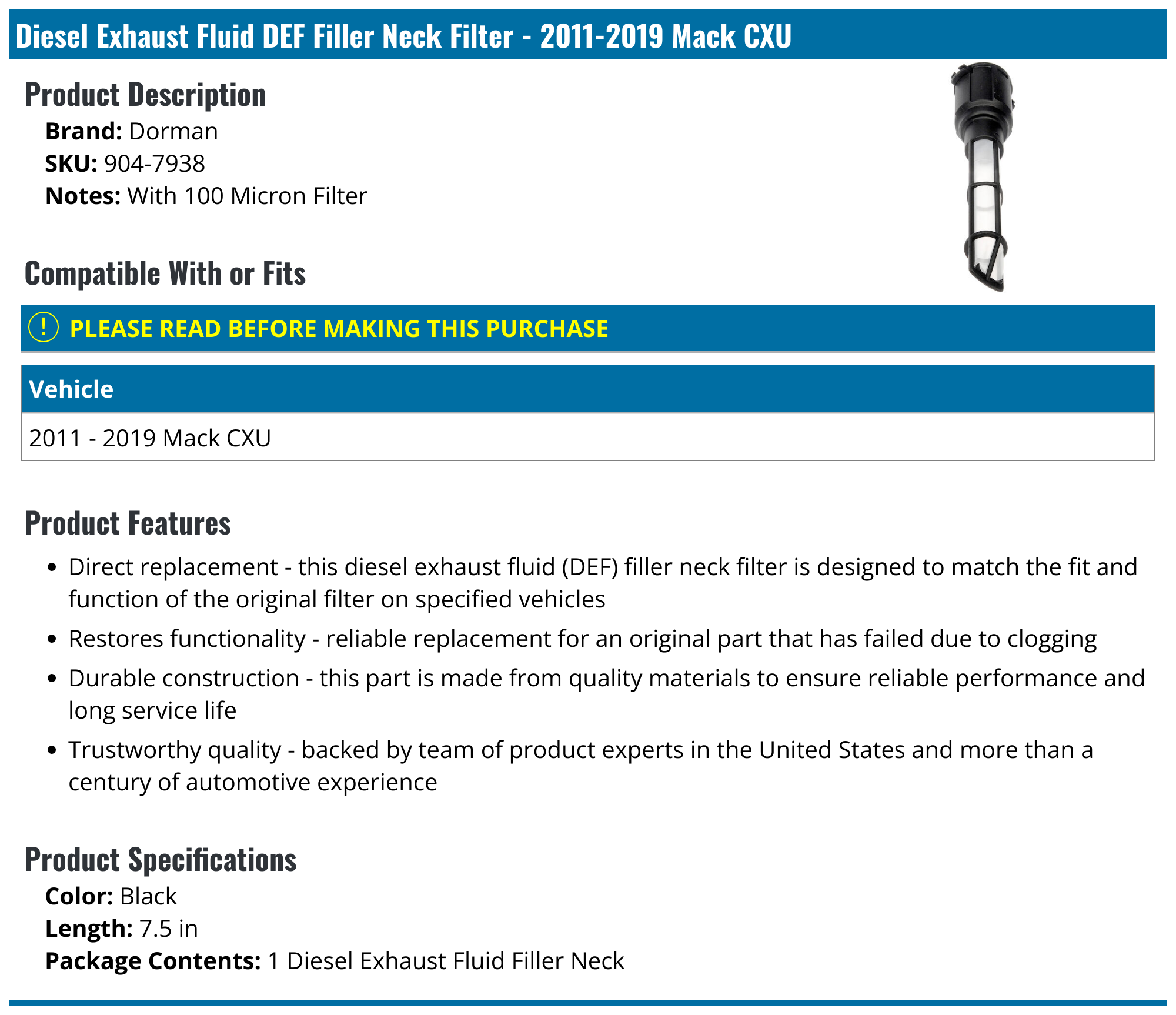 2011-2019 Mack CXU Diesel Exhaust Fluid (DEF) Filler Neck Filter ...