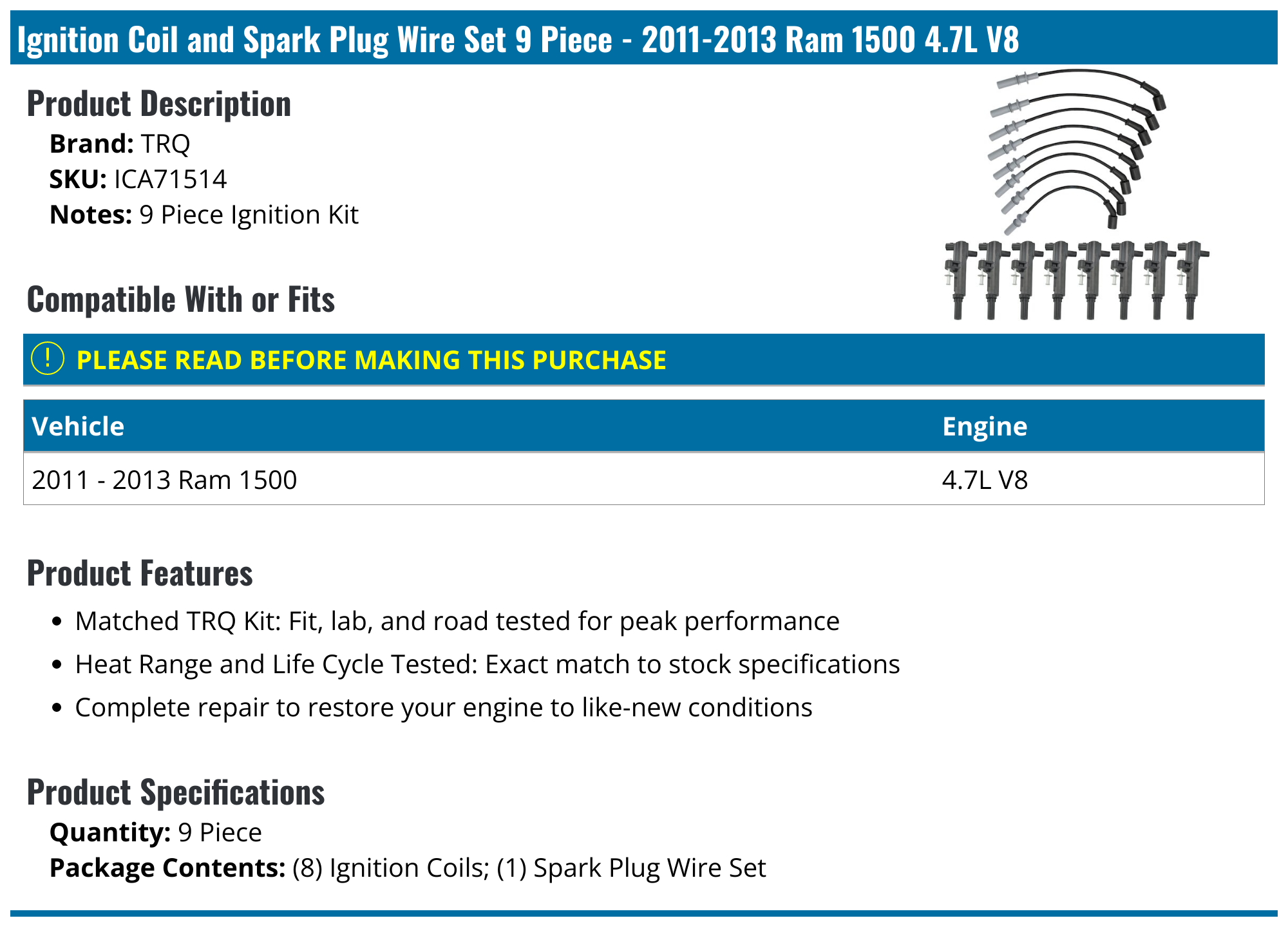 2011-2013 Ram 1500 Ignition Coil - TRQ ICA71514 - - PartsGeek.com