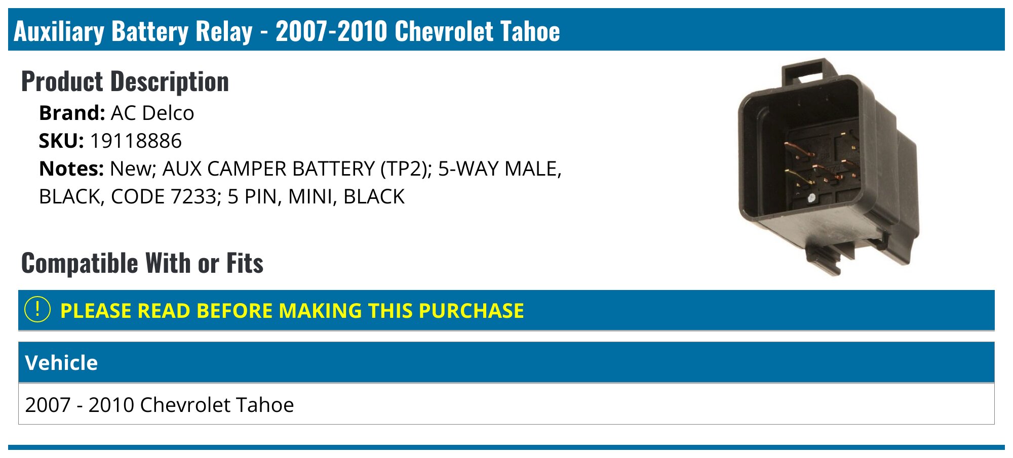 2007-2010 Chevrolet Tahoe Auxiliary Battery Relay - AC Delco 19118886 ...