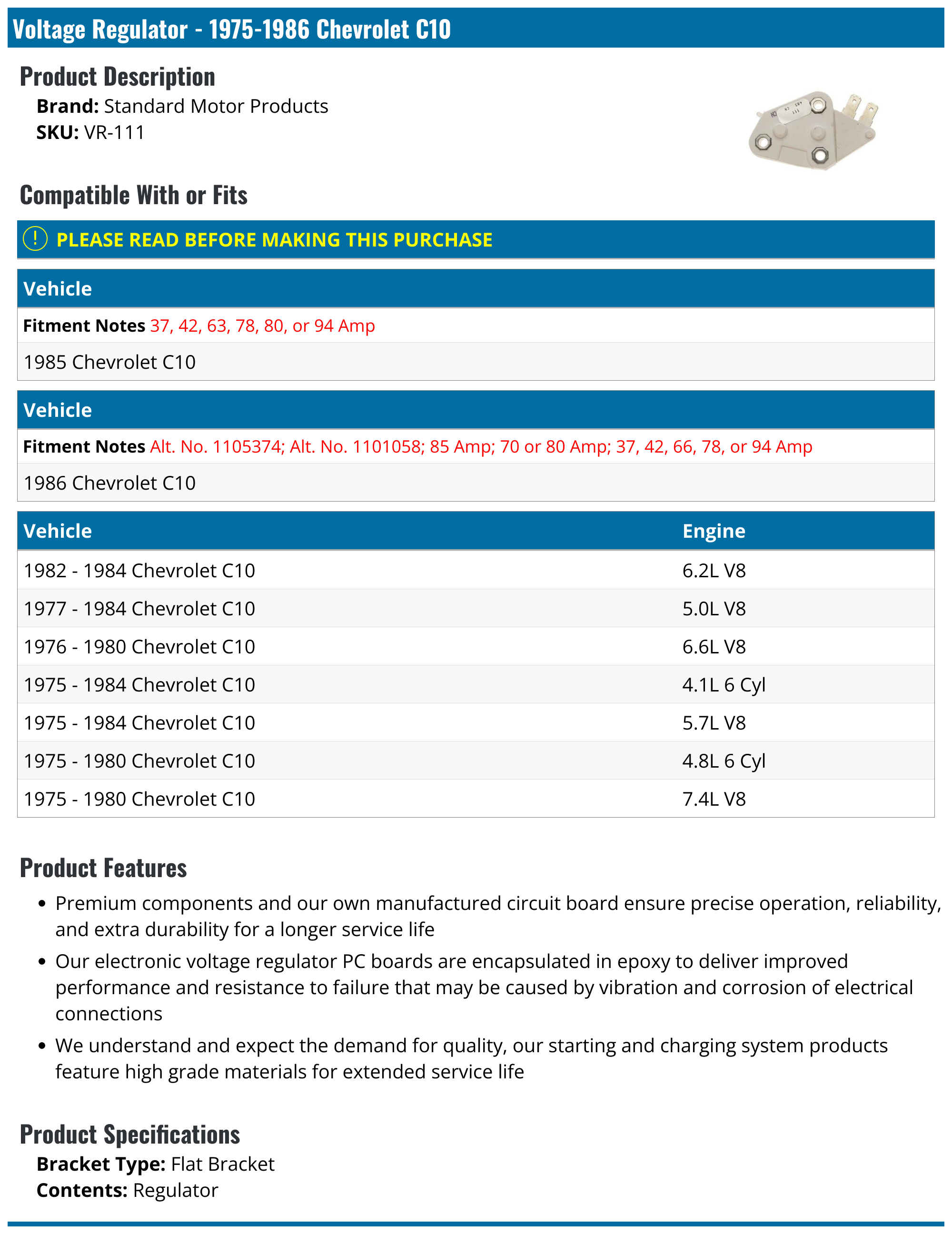 1975-1986 Chevrolet C10 Voltage Regulator - Standard Motor Products VR ...