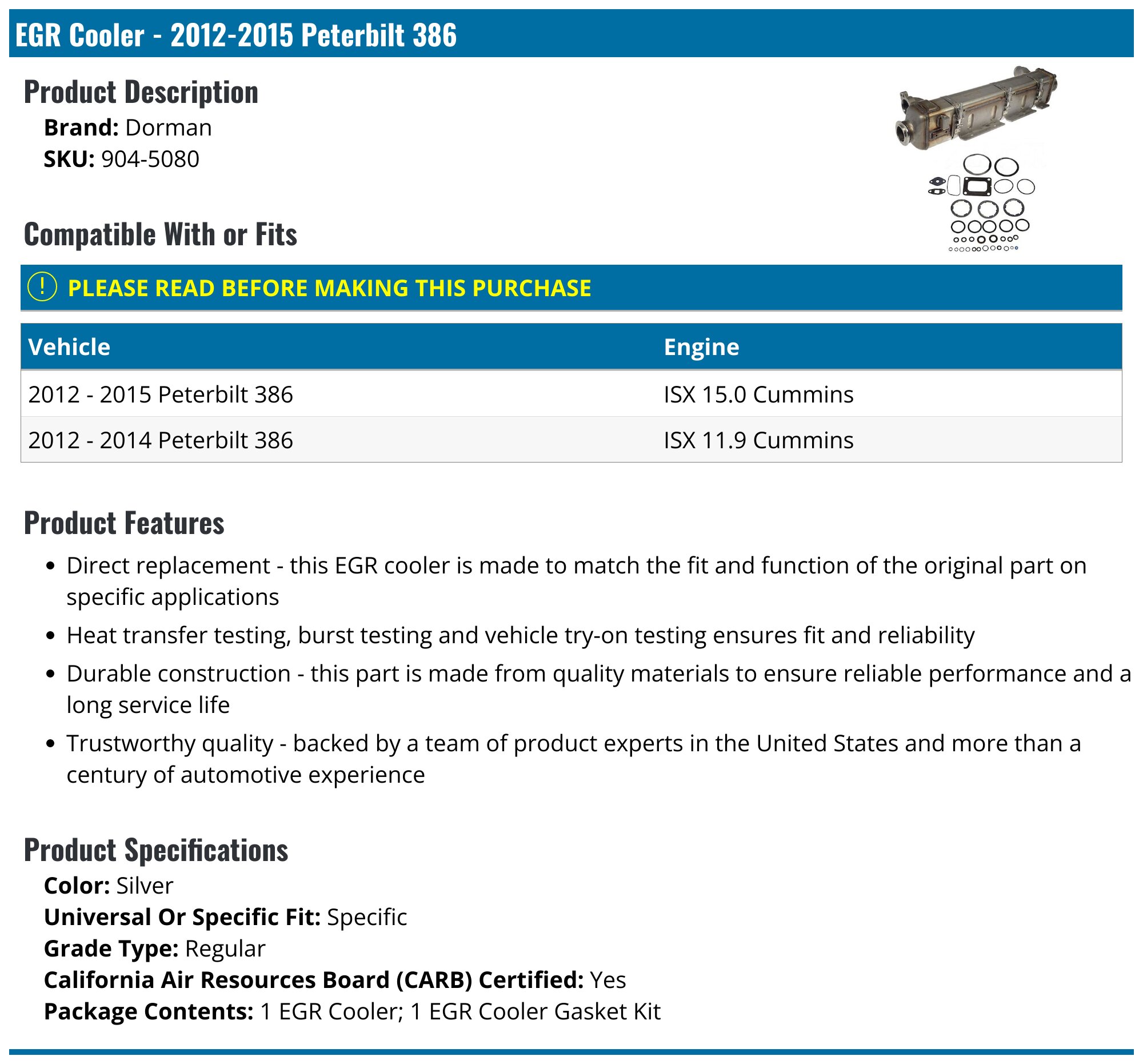 2012-2015 Peterbilt 386 EGR Cooler - Dorman 904-5080 - PartsGeek.com