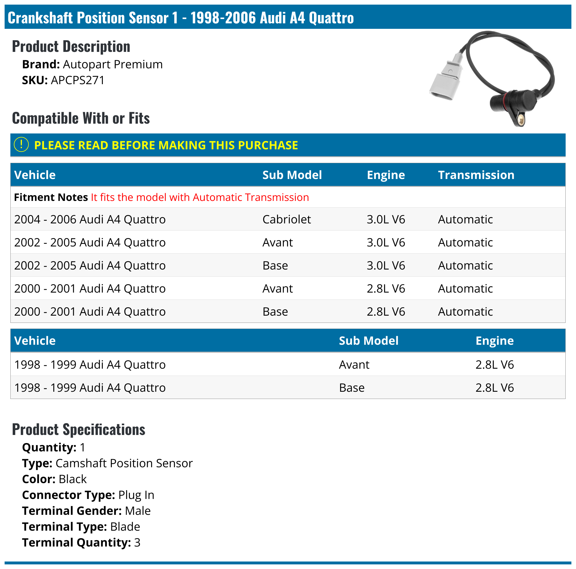 1998-2006 Audi A4 Quattro Crank Position Sensor - Autopart Premium ...