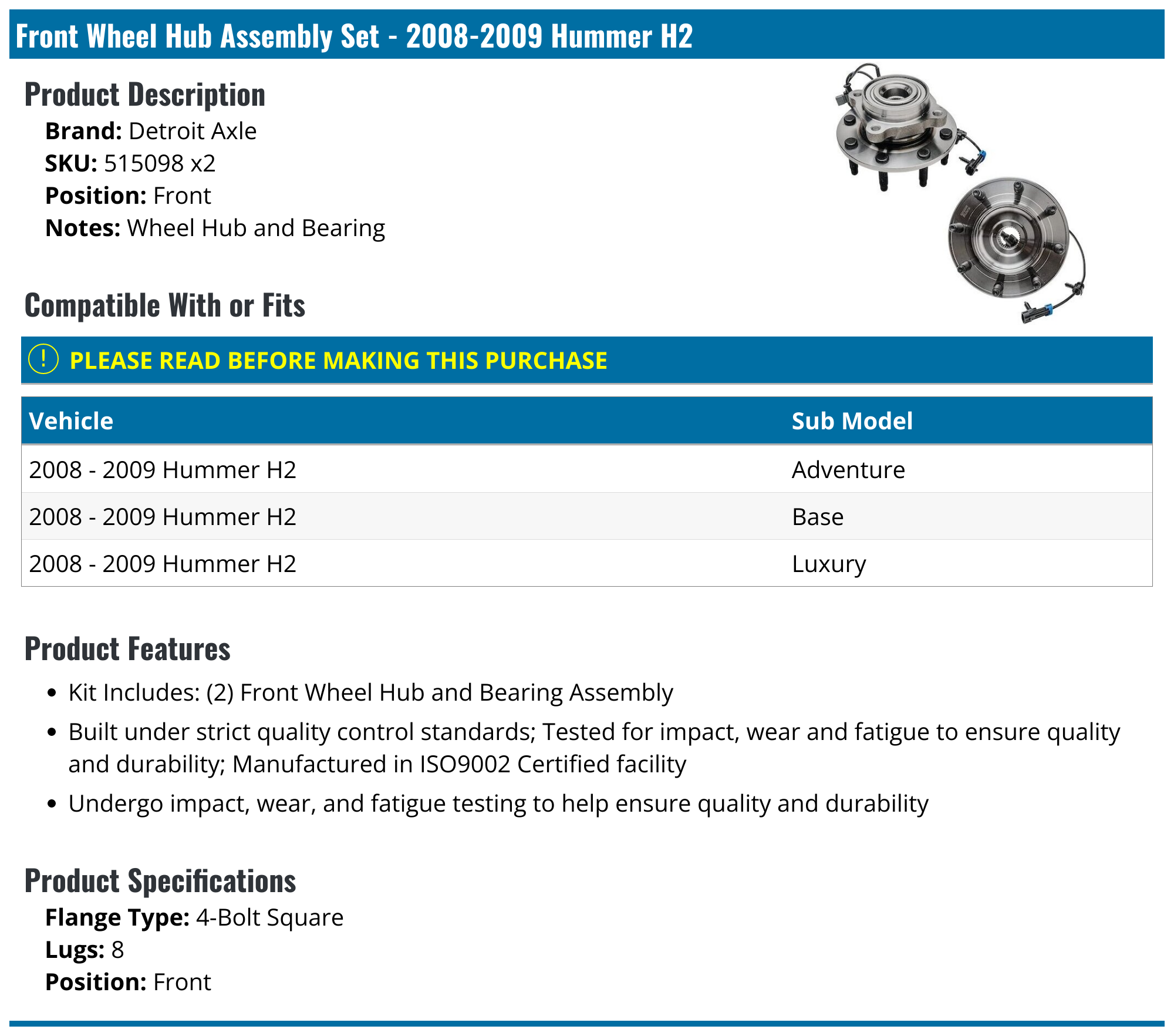 2008-2009 Hummer H2 Wheel Hub Assembly - Detroit Axle 515098 x2 - Front ...