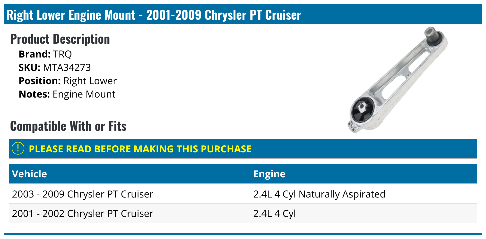2001-2009 Chrysler PT Cruiser Engine Mount - TRQ MTA34273 - Right Lower ...