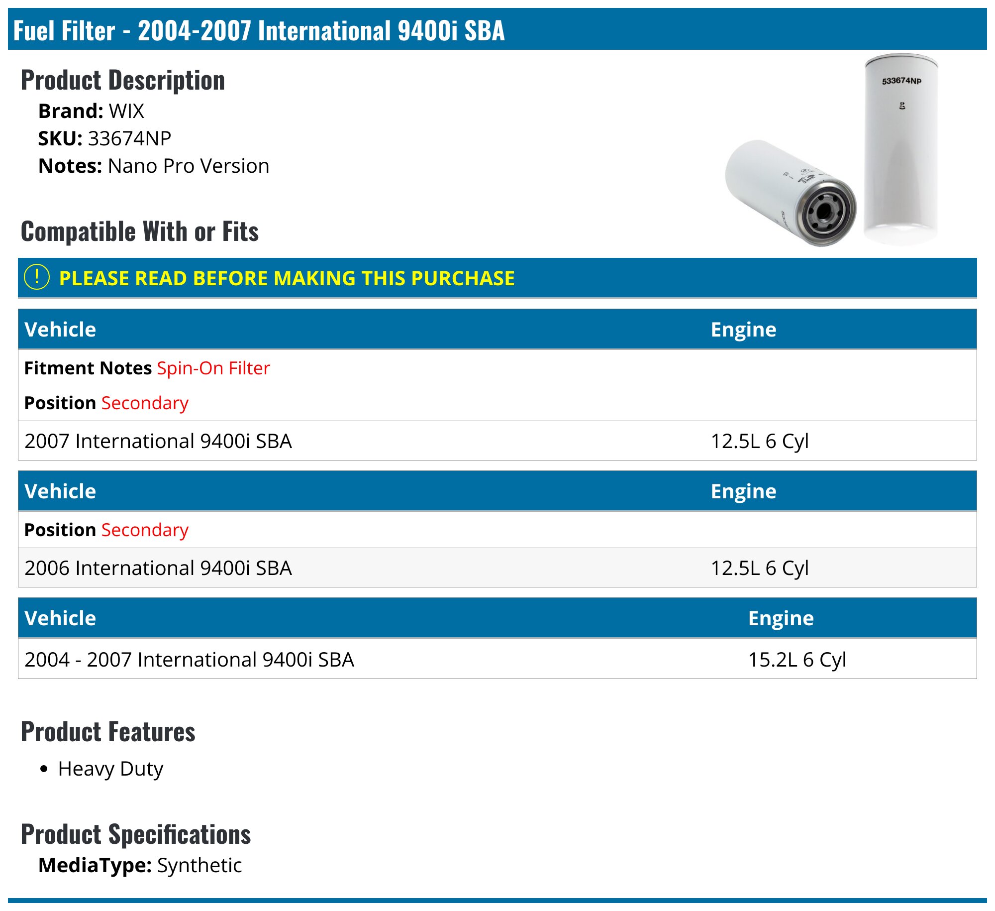 2000-2007 International 9400i SBA Fuel Filter - WIX 33674NP - PartsGeek.com